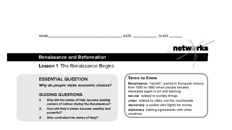 Renaissance and Reformation L1: The Renaissance Begins Overview - Studocu