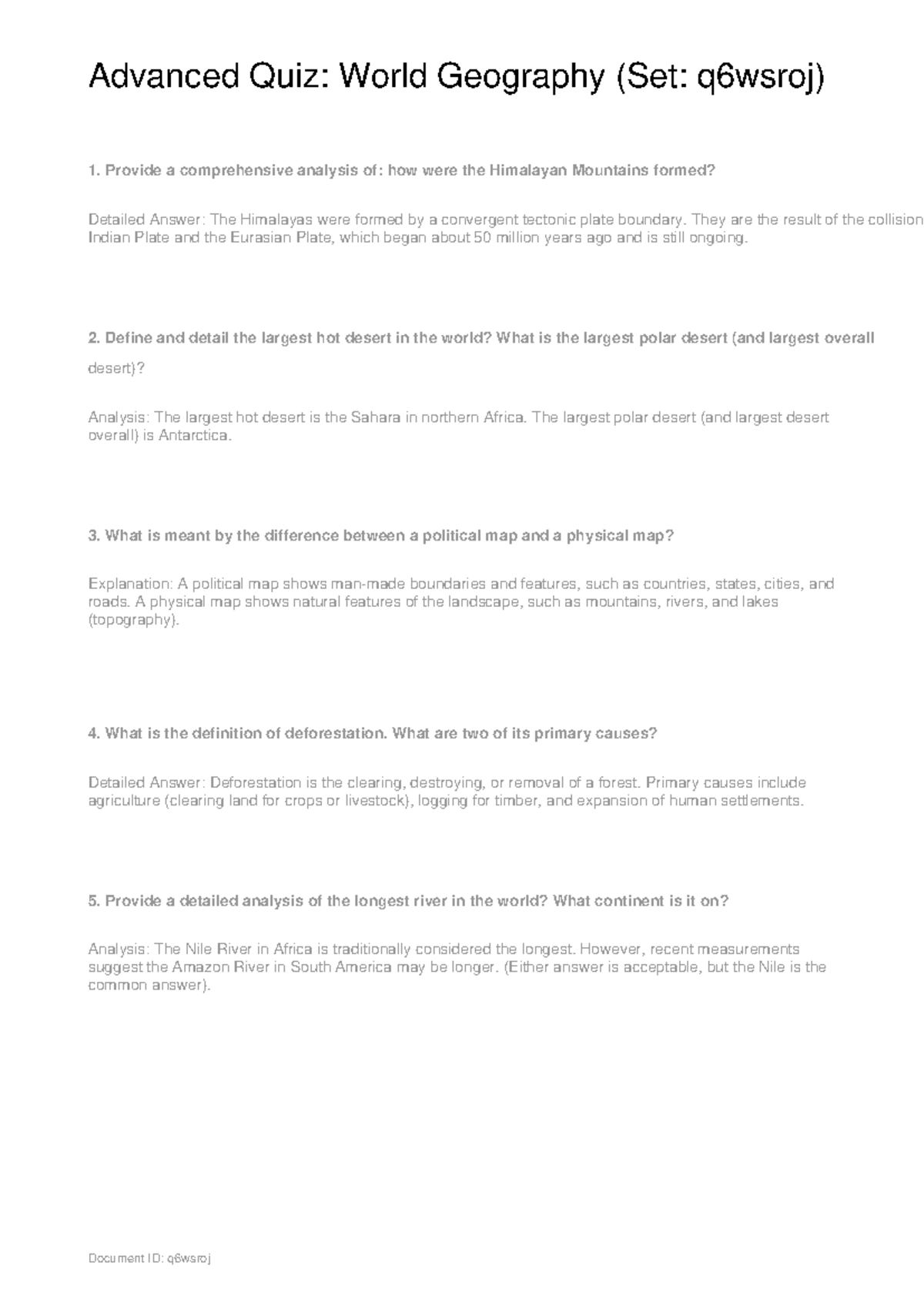 Advanced Quiz Solutions: World Geography (Set: q6wsroj) - Studocu