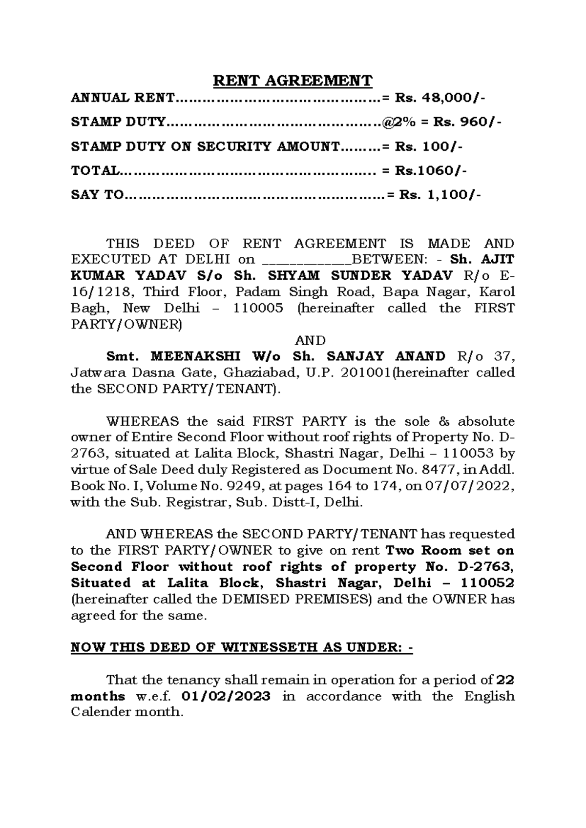 Rent Agreement Format - Delhi (Residential Lease) - Studocu