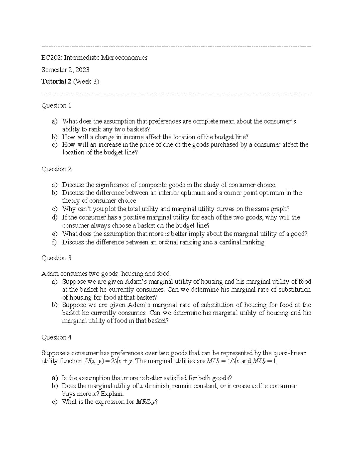 EC202: Intermediate Microeconomics - Tutorial 2 Solutions 2023 - Studocu