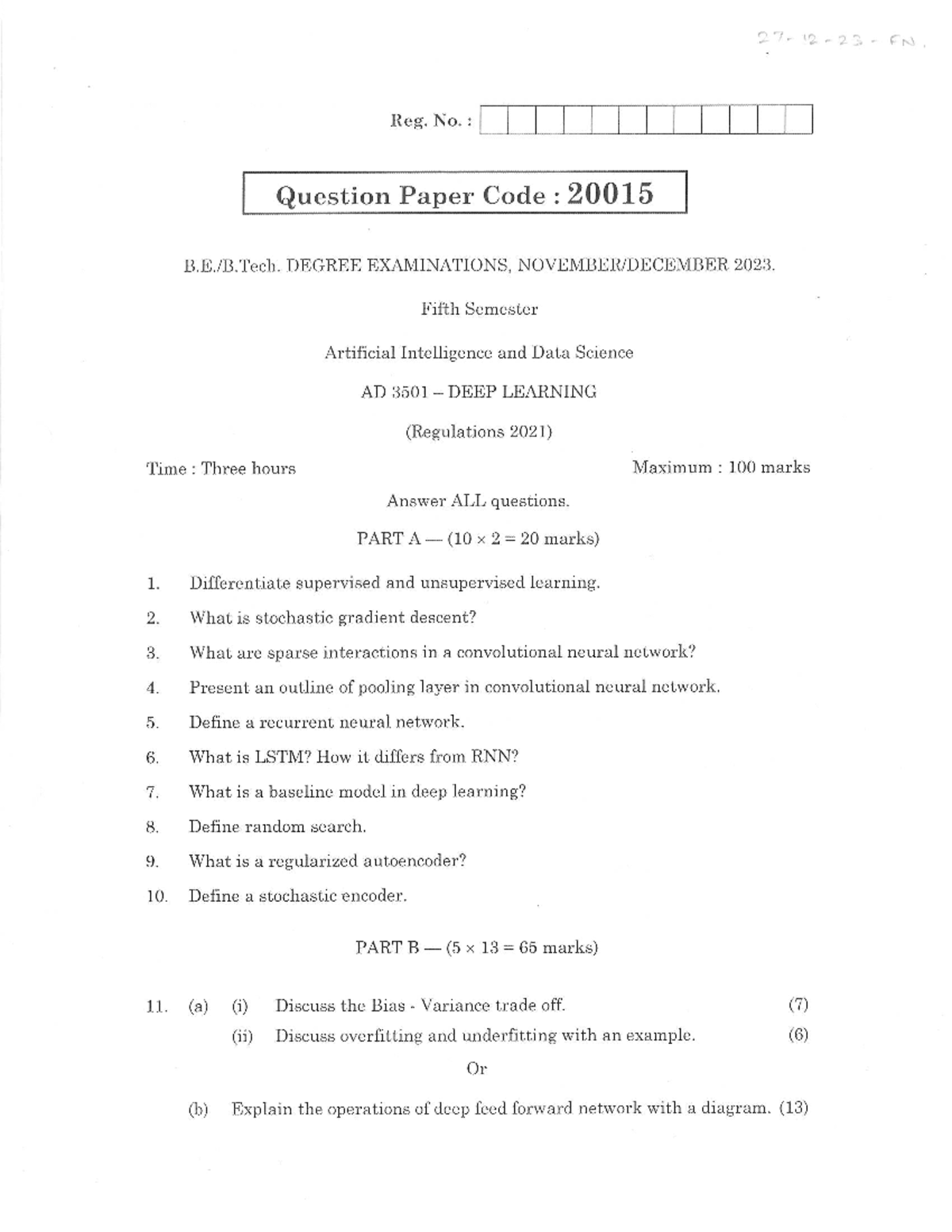 AD3501 - Deep Learning Final Exam Question Paper 2023 - Studocu