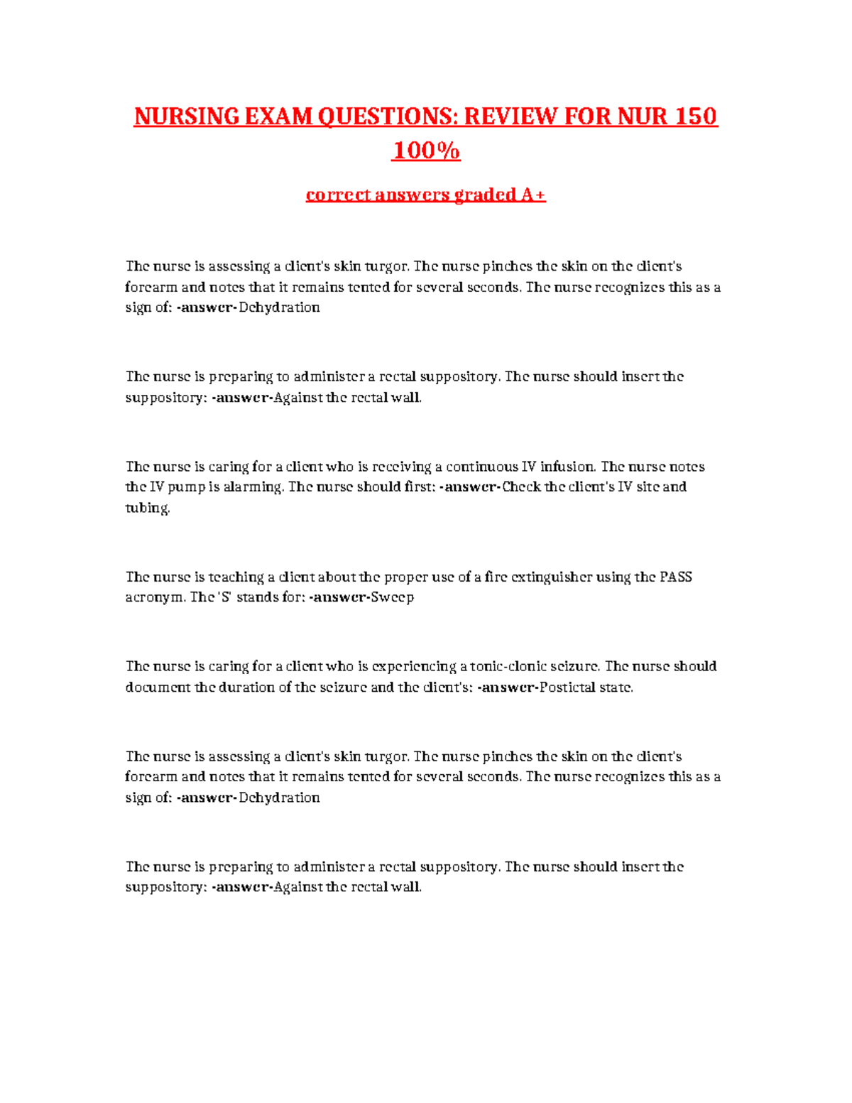 Nursing Exam Questions Review for NUR 150: Key Concepts and Answers ...