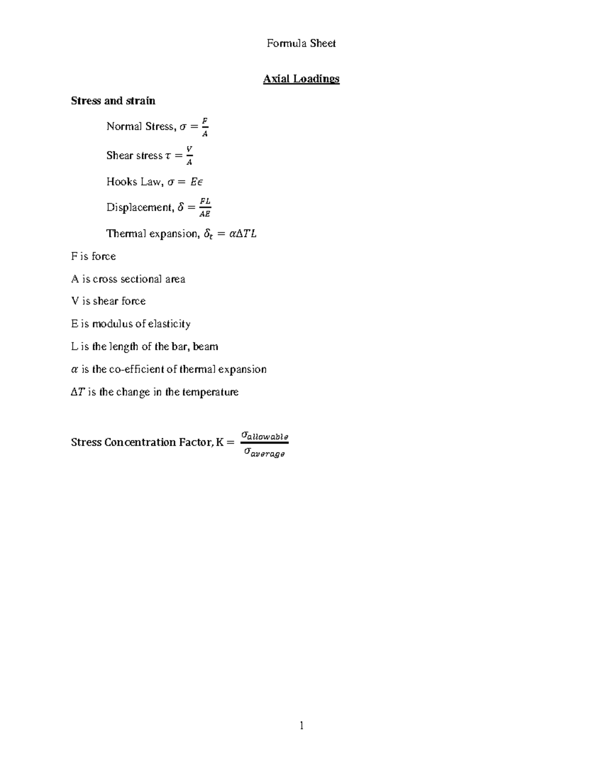 Formula Sheet for Axial Loadings and Stress Analysis (ENG 101) - Studocu
