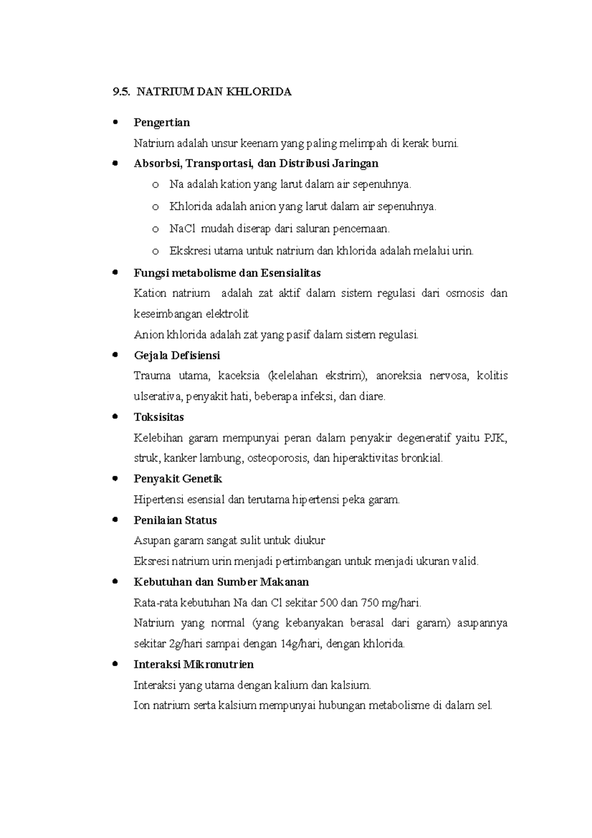 Resume Mineral - Summary Analisis zat gizi - 9. NATRIUM DAN KHLORIDA ...