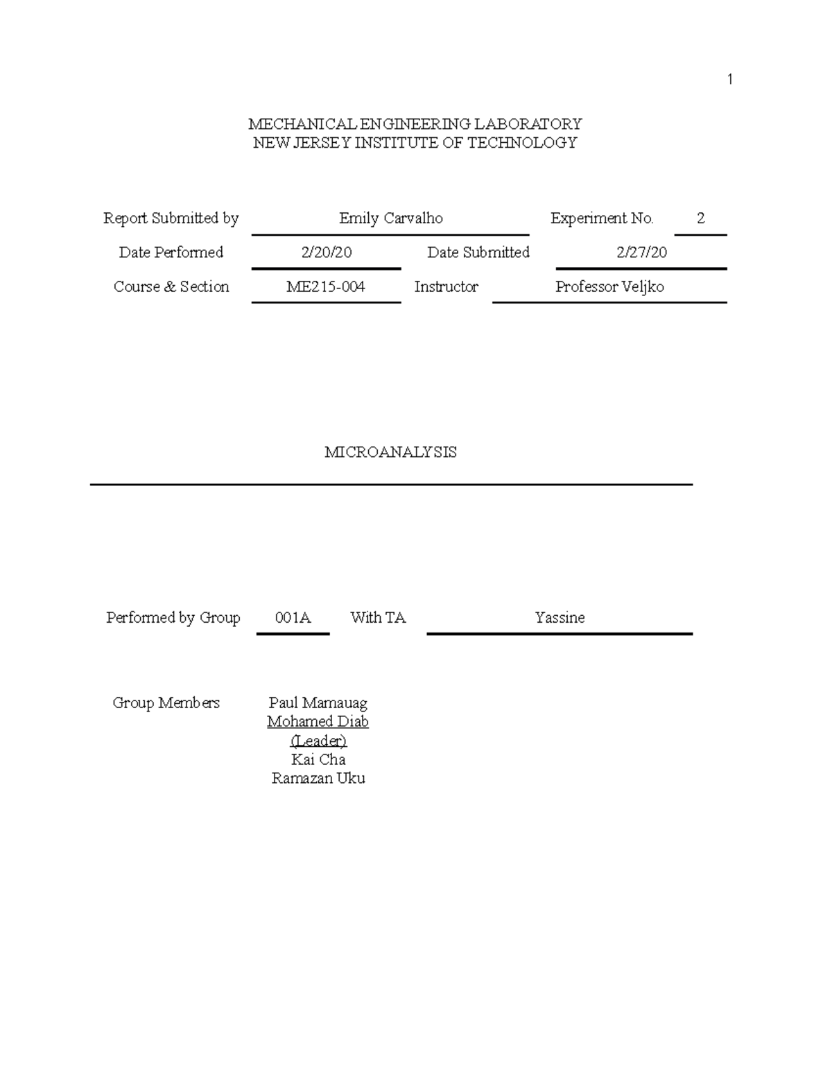ME215-004 Microanalysis Lab Report - Group 001A Experiment 2 - Studocu
