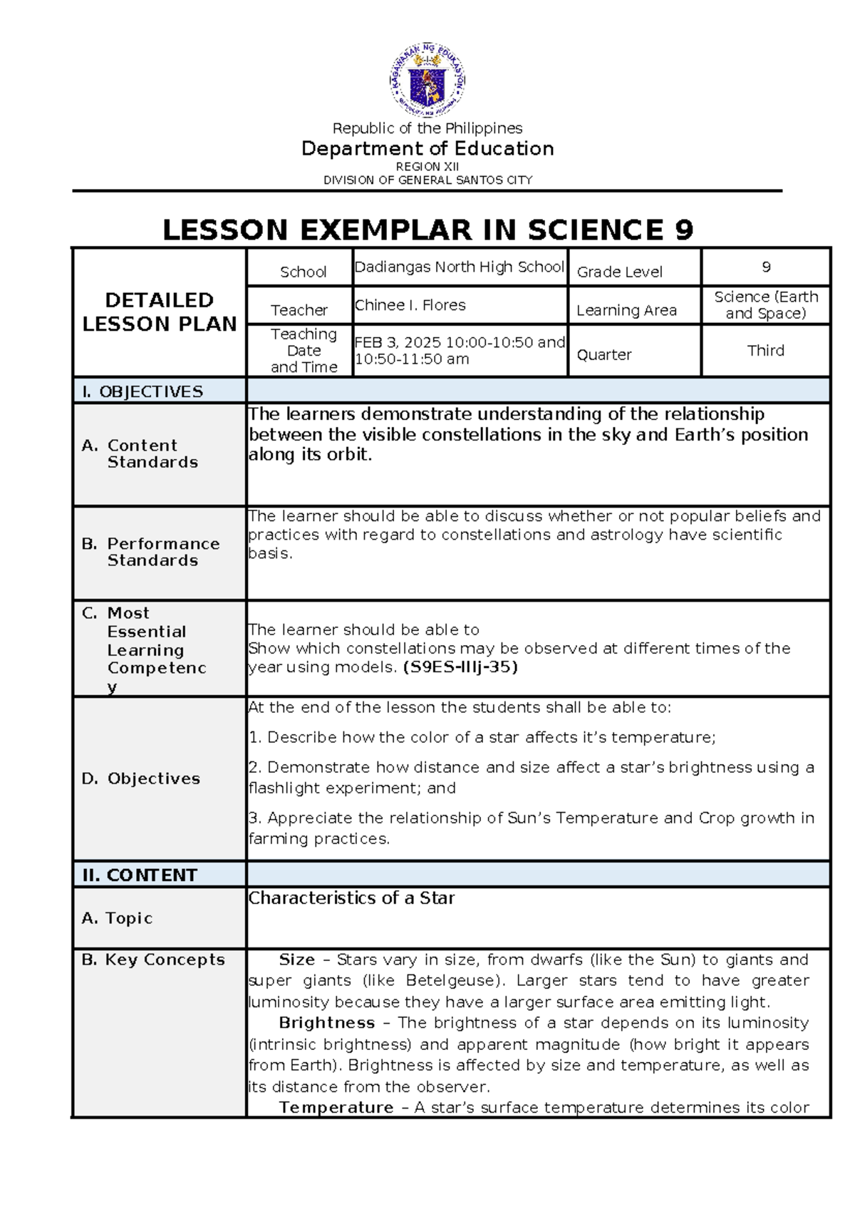 Detailed Lesson Plan in Science 9: Understanding Stars and ...