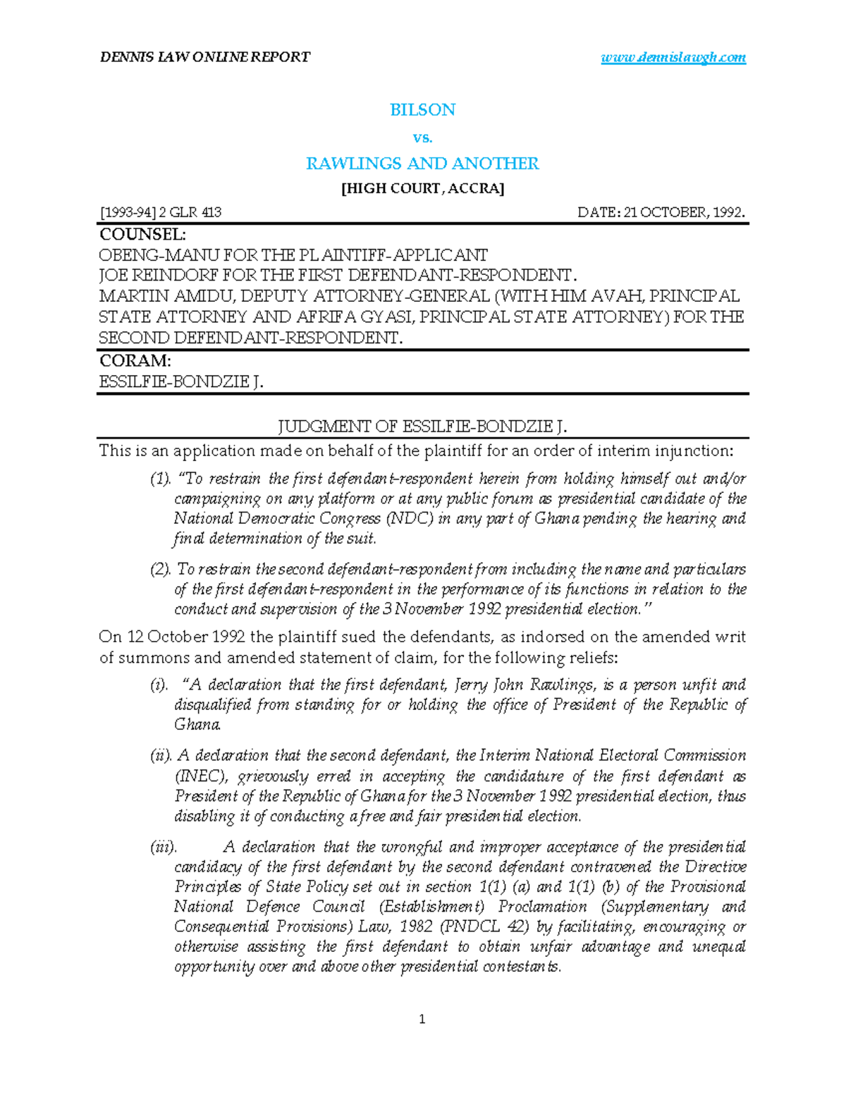 Bilson V. Rawlings Case Analysis - High Court Judgment [1993-94] 2 GLR 413 - Studocu