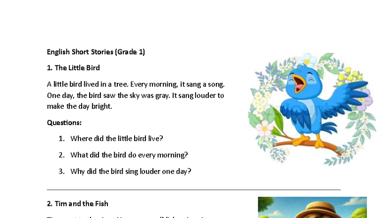 English Short Stories (Grade 1) - Reading Comprehension Guide - Studocu
