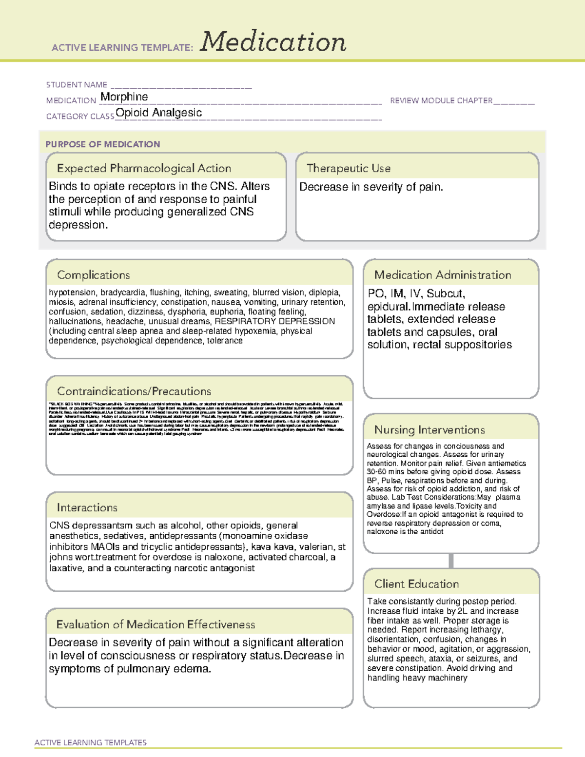 Morphine Drug Card Active Learning Template - Review Chapter 1 - Studocu