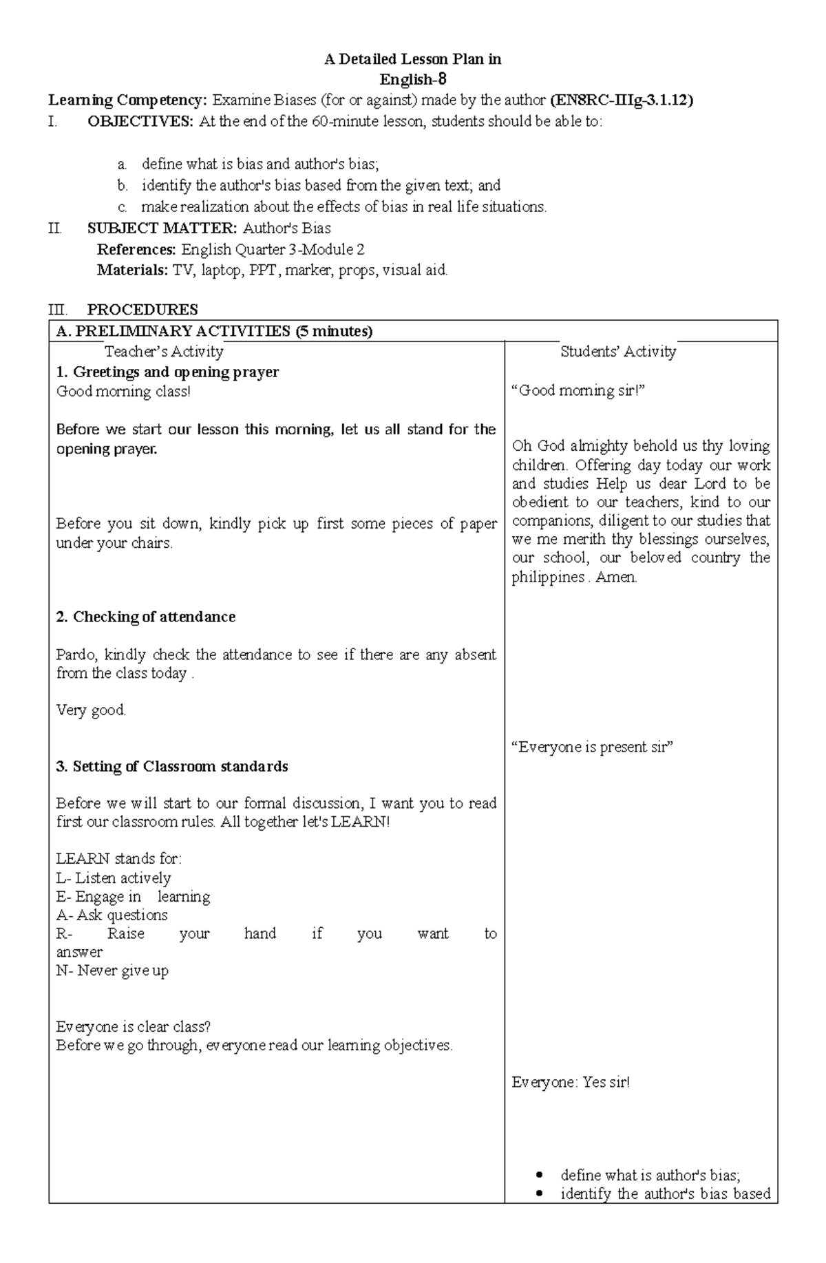 Grade 8 Detailed Lesson Plan: Understanding Author's Bias (EN8RC-IIIg-3 ...
