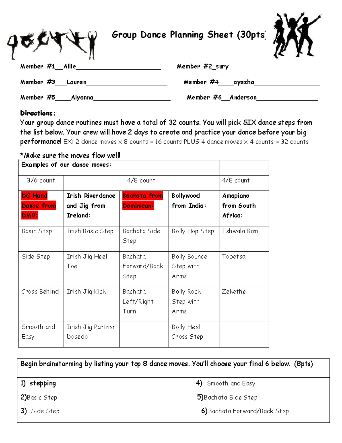 Group Dance Planning Sheet (30pts) - Formative/Summative Assessment ...