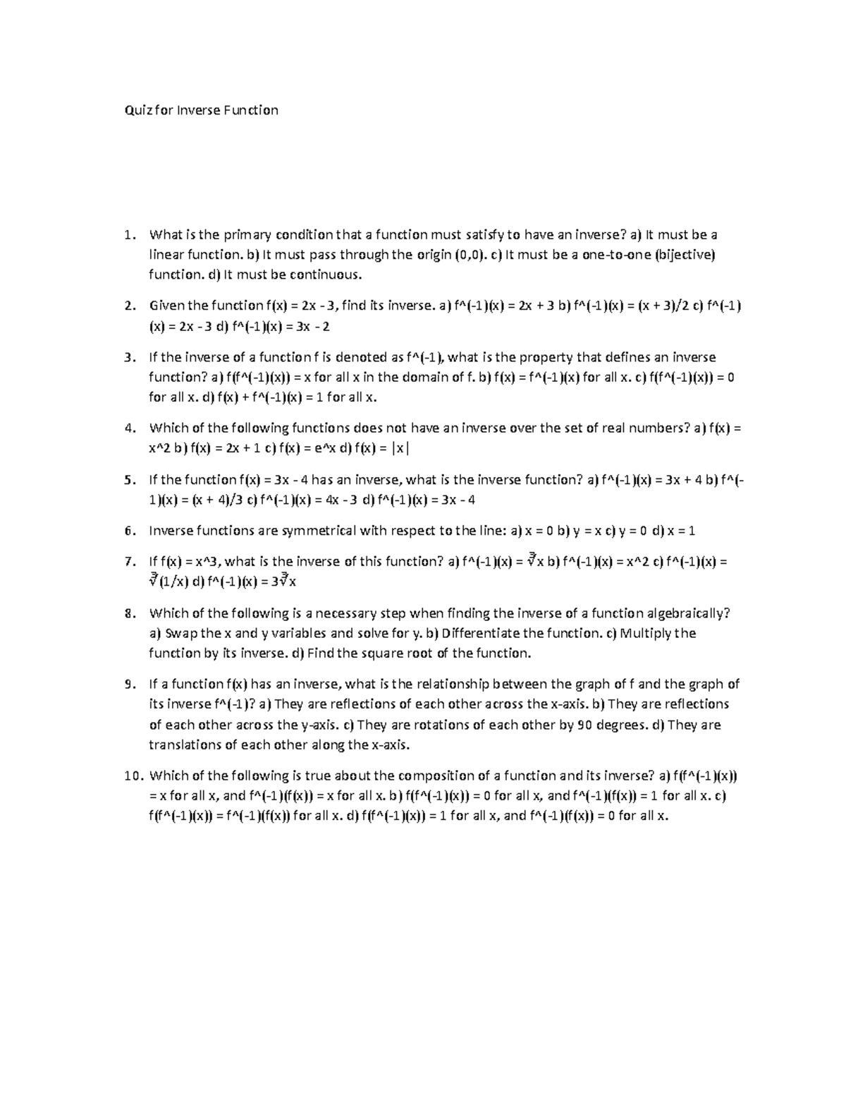 Quiz on Inverse Functions: Key Concepts and Problems - Studocu