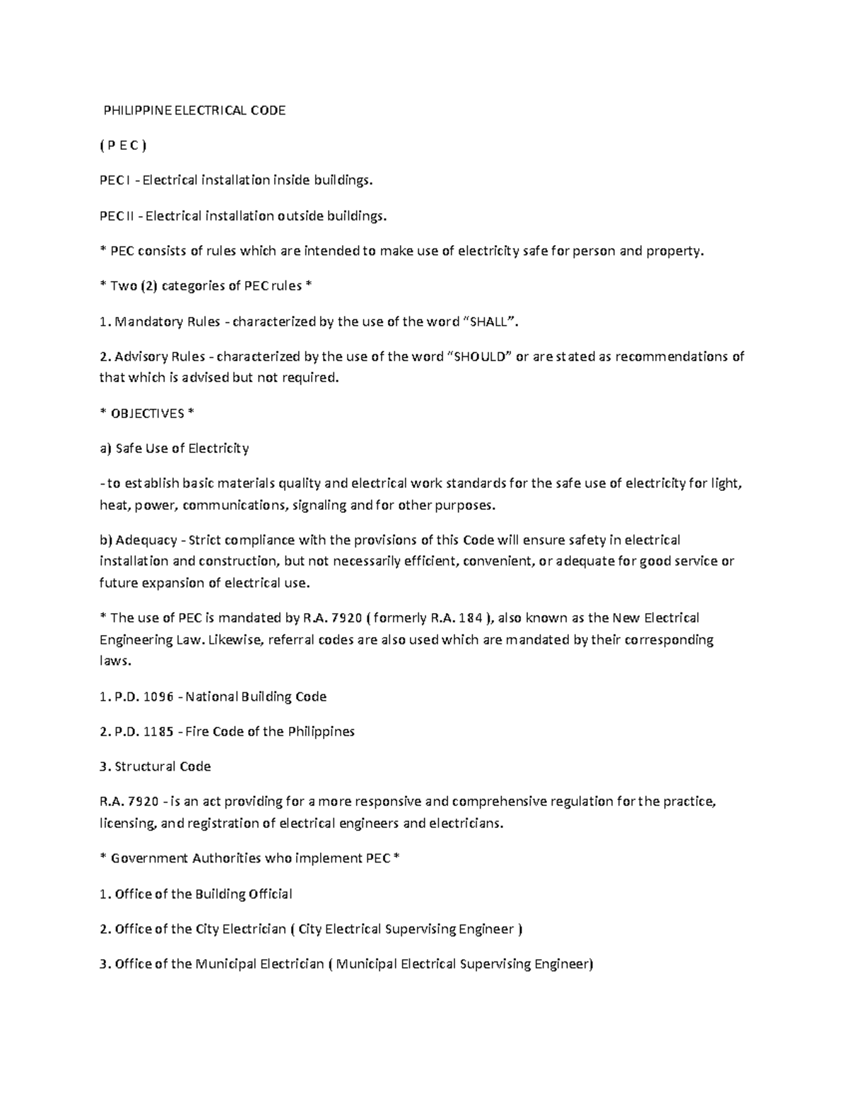 Philippine Electrical Code (PEC) Summary and Key Regulations - Studocu