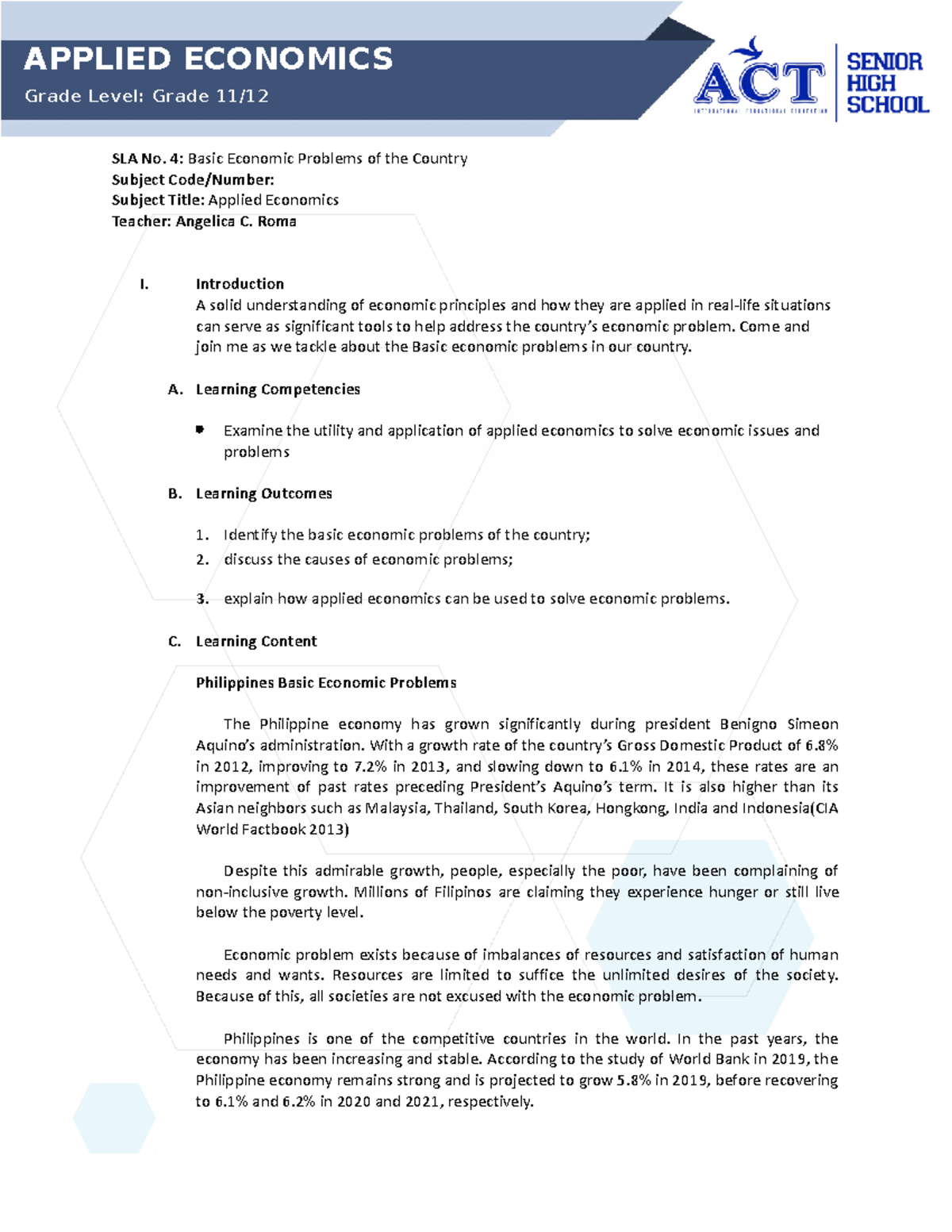 Applied ECON Module 4: Addressing Basic Economic Problems in the ...