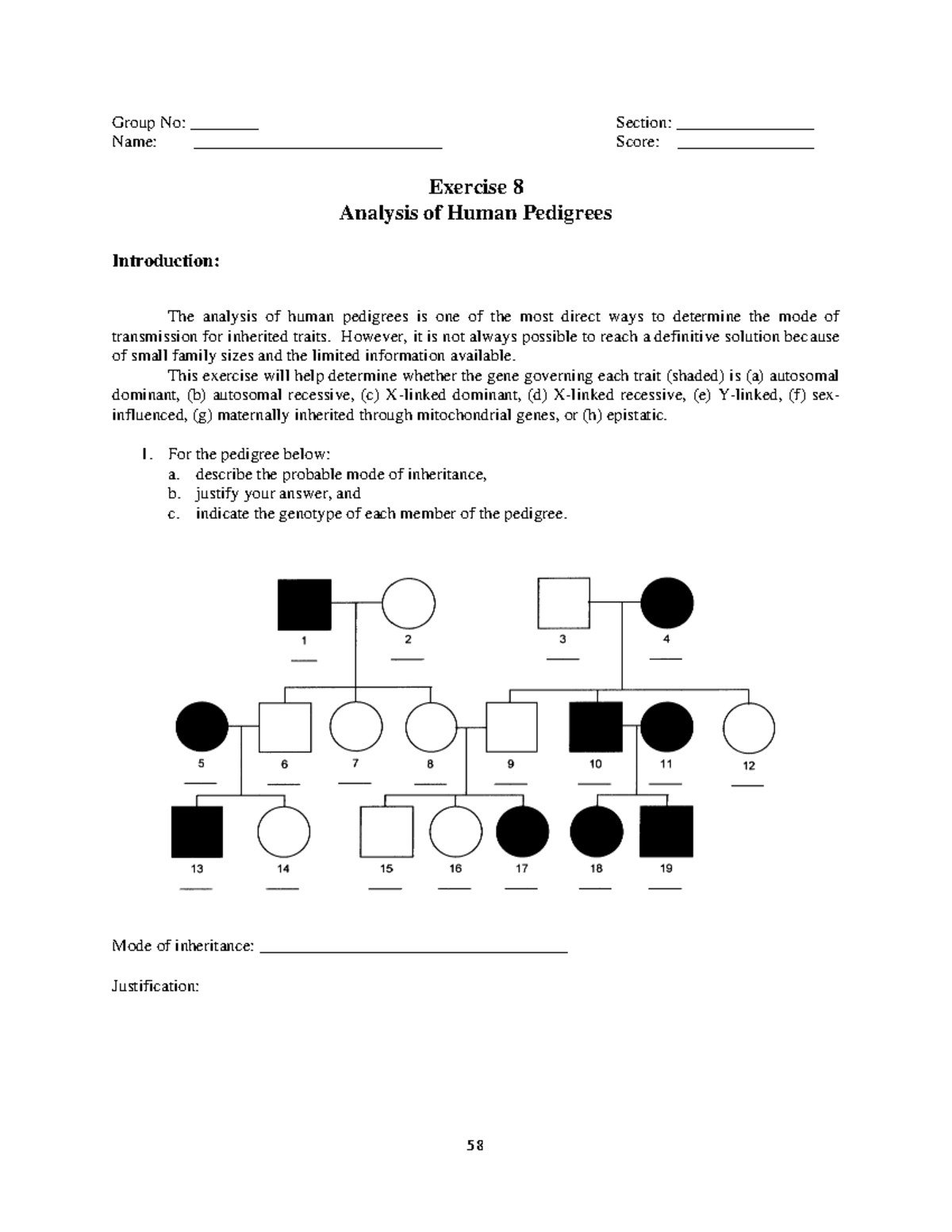 Genetics Lab Exercise 8 - Analysis of Human Pedigrees-1 - Group No ...