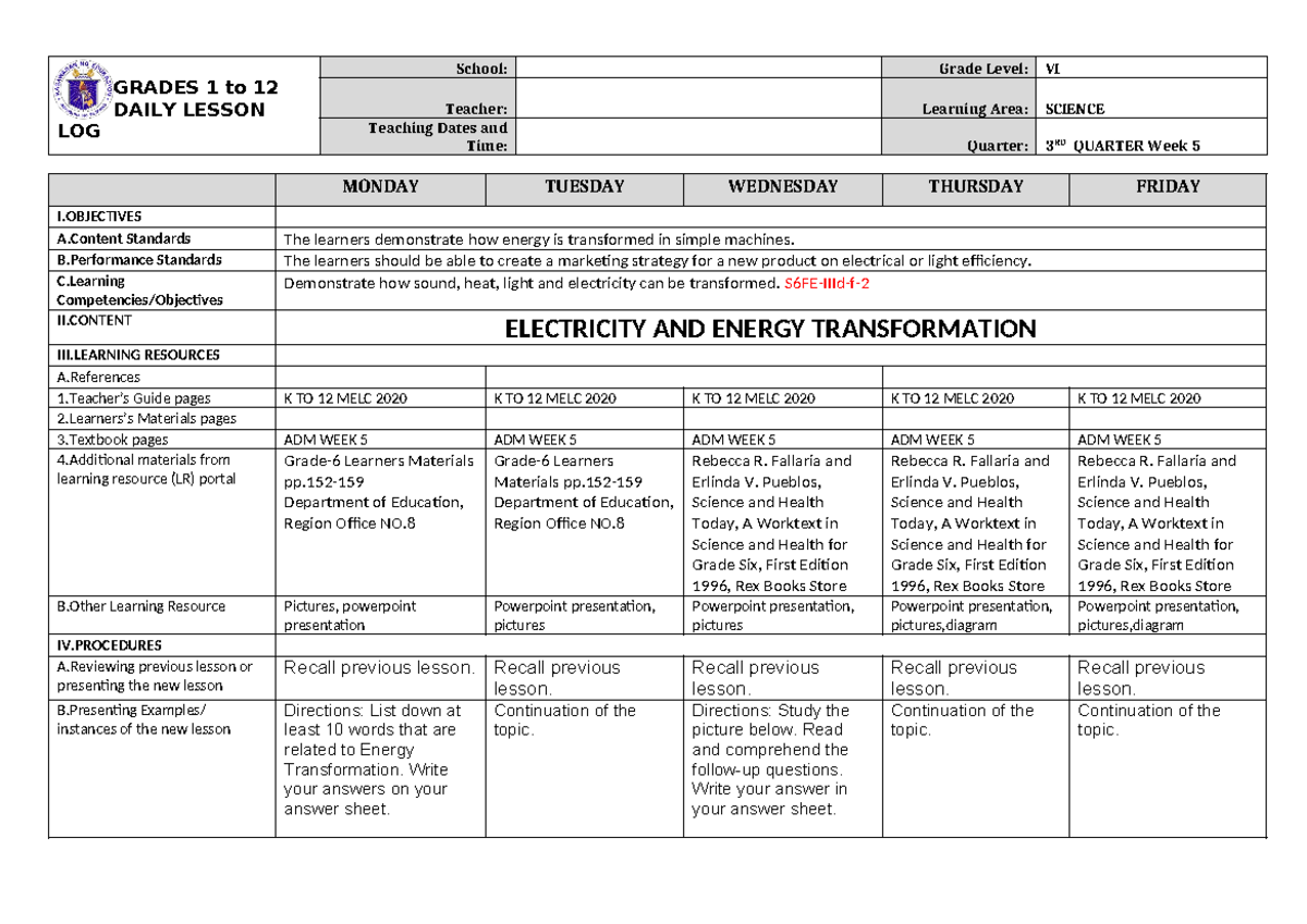DLL Science-6 Q3 W5 - Daily Lesson Log on Energy Transformation - Studocu