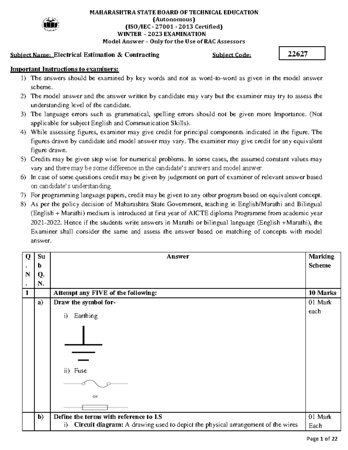 22627 - Winter 2023 Electrical Estimation Contracting Model Answers ...