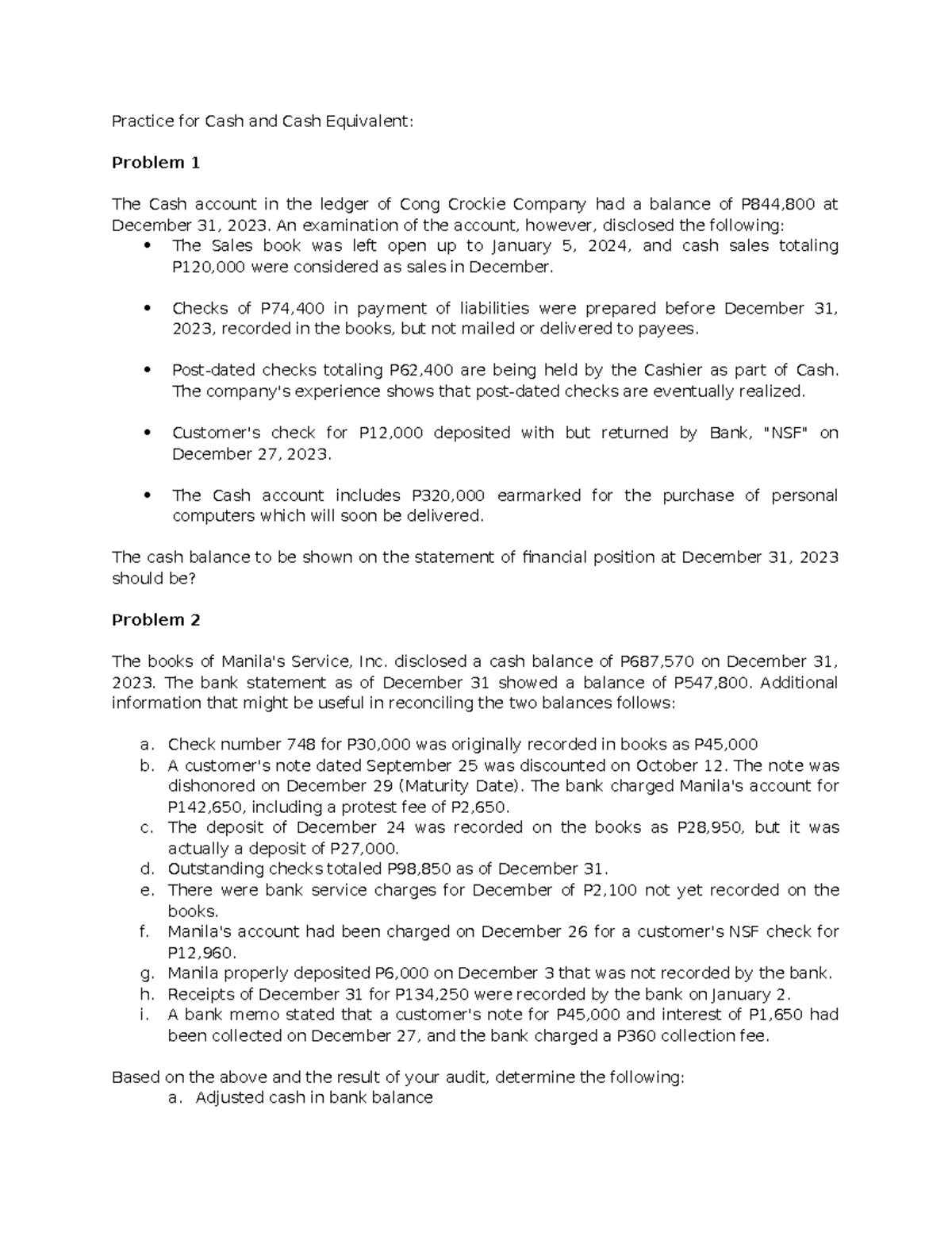 Practice for Cash and Cash Equivalent: Problem Set Analysis - Studocu