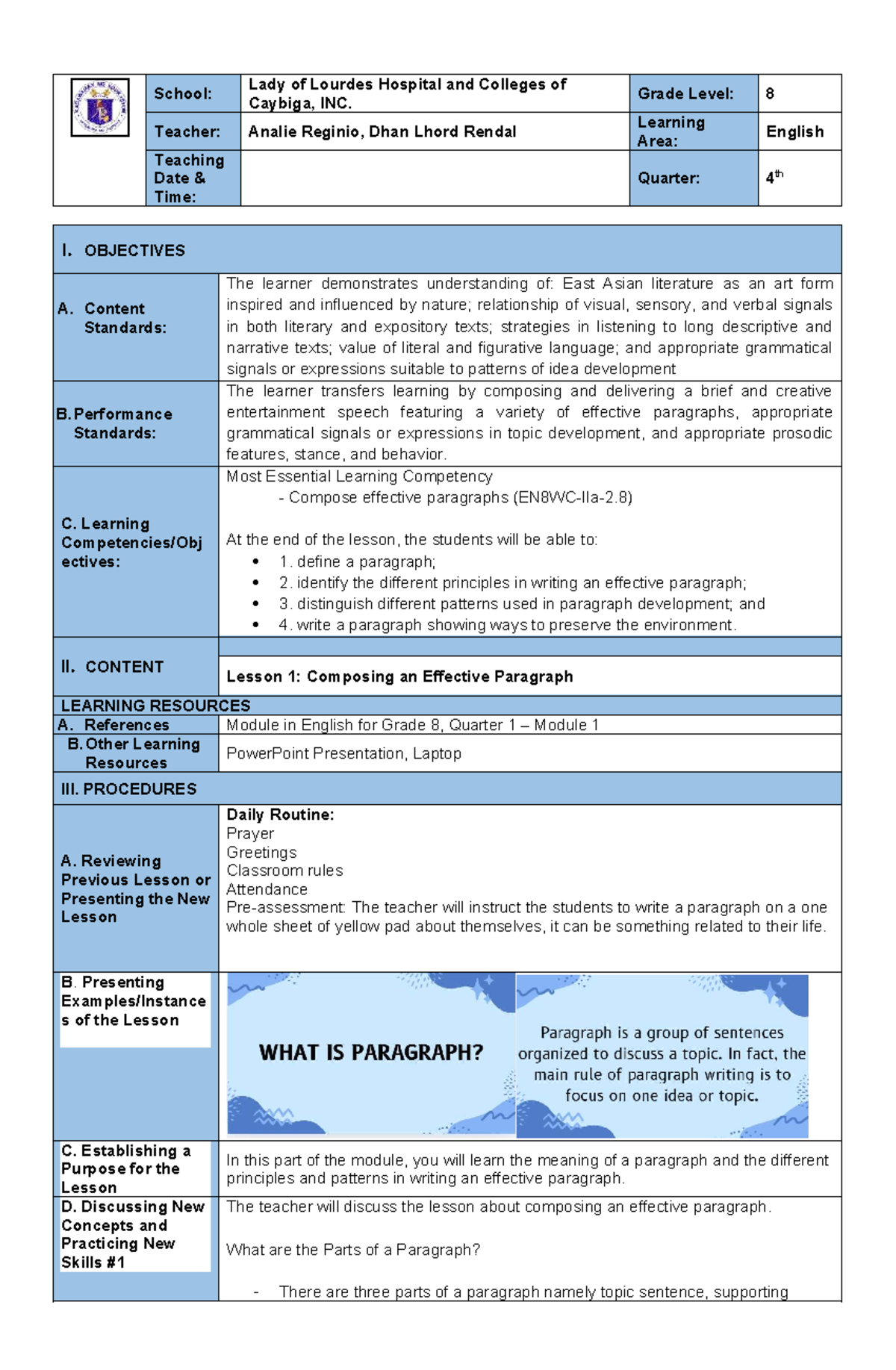 Effective Paragraph Composition: EN8WC-IIa-2 Lesson Overview - Studocu