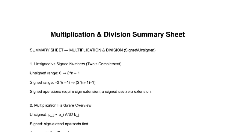 Multiplication and Division Summary Sheet: Key Concepts and Algorithms ...