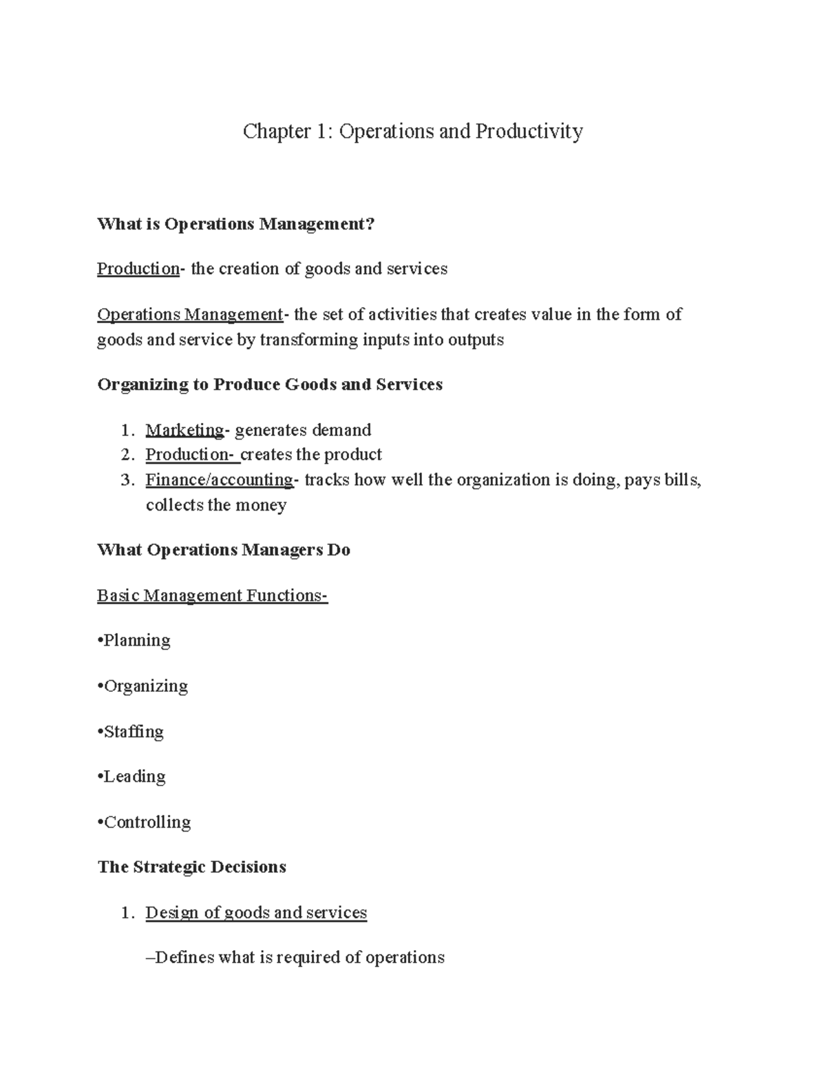 Chapter 1 - Chapter 1: Operations and Productivity What is Operations ...