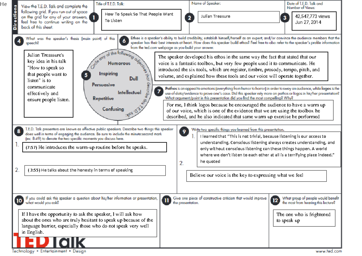 Ted Talk Worksheet Done - Hello Julian. My question to you is that when ...
