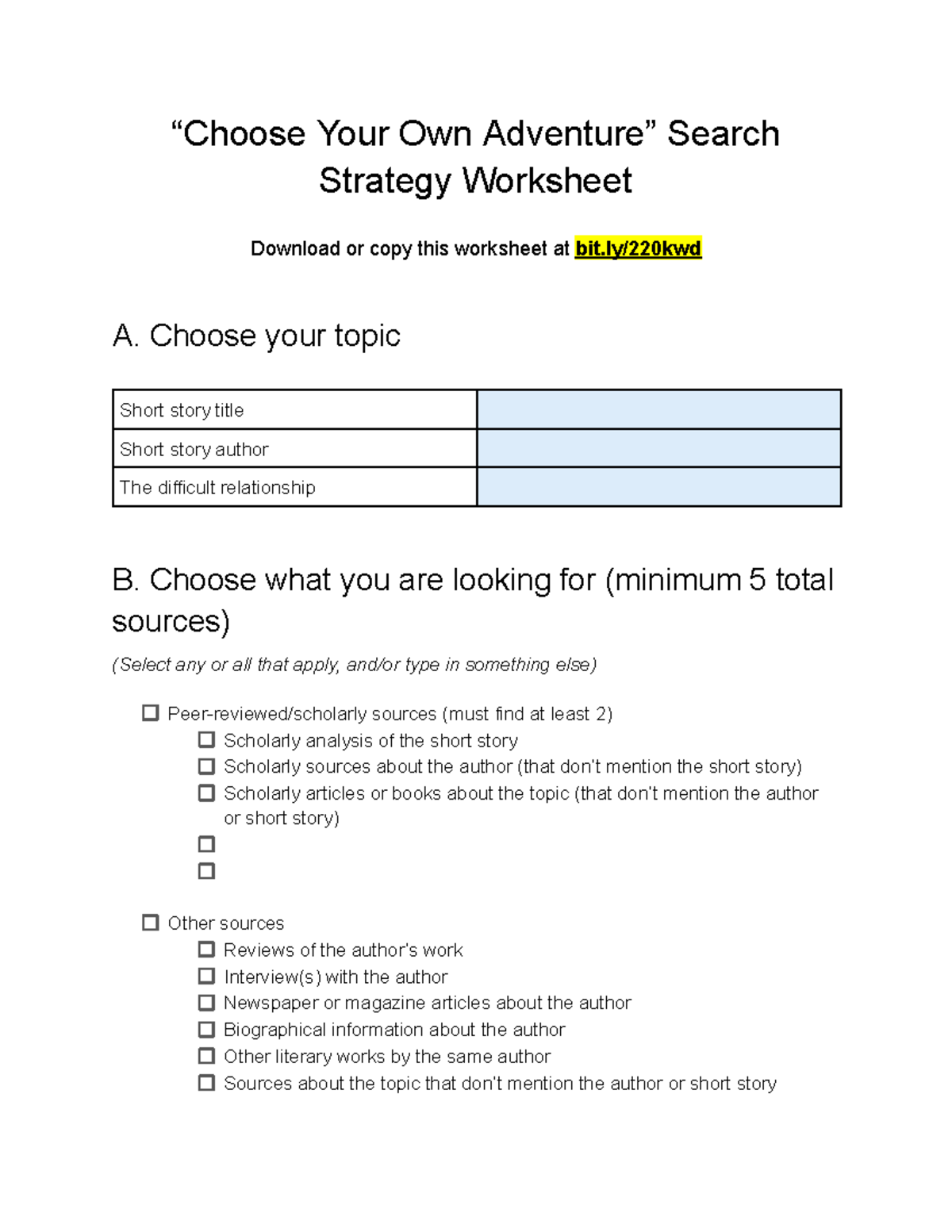ENGL 220 Search Strategy Worksheet for Short Story Research Sp24 - Studocu