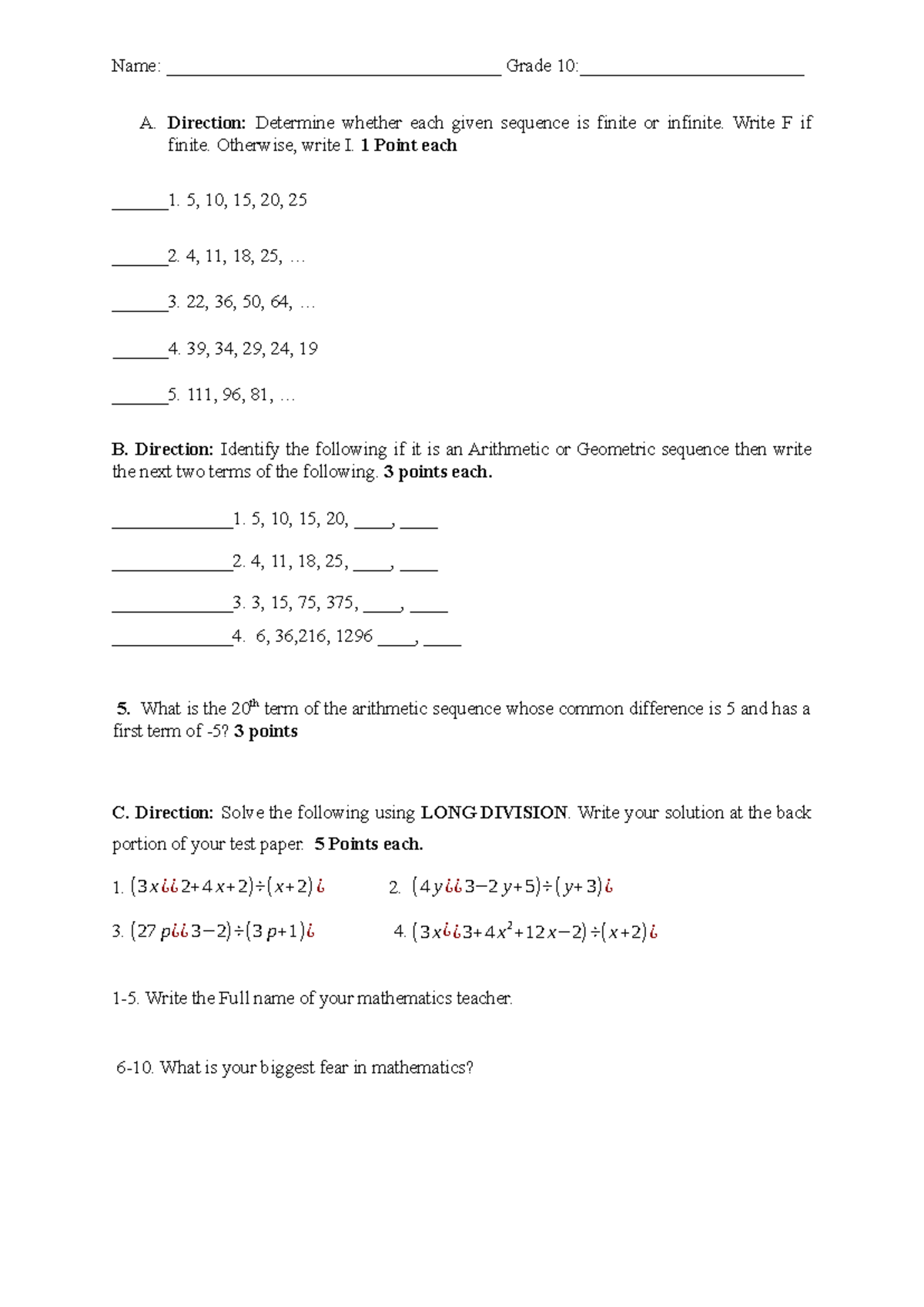 Grade 10 LONG QUIZ - Sequences & Long Division in Math - Studocu