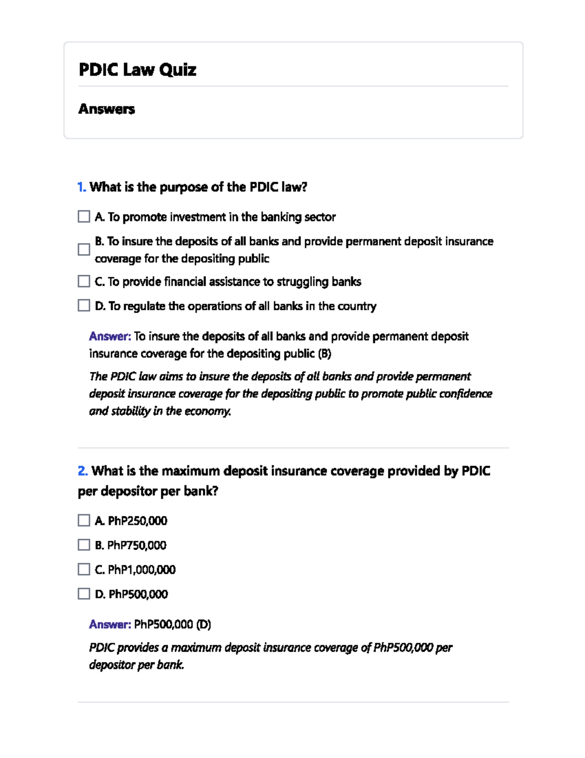 PDIC Law Quiz: Test Your Knowledge on Deposit Insurance - Studocu