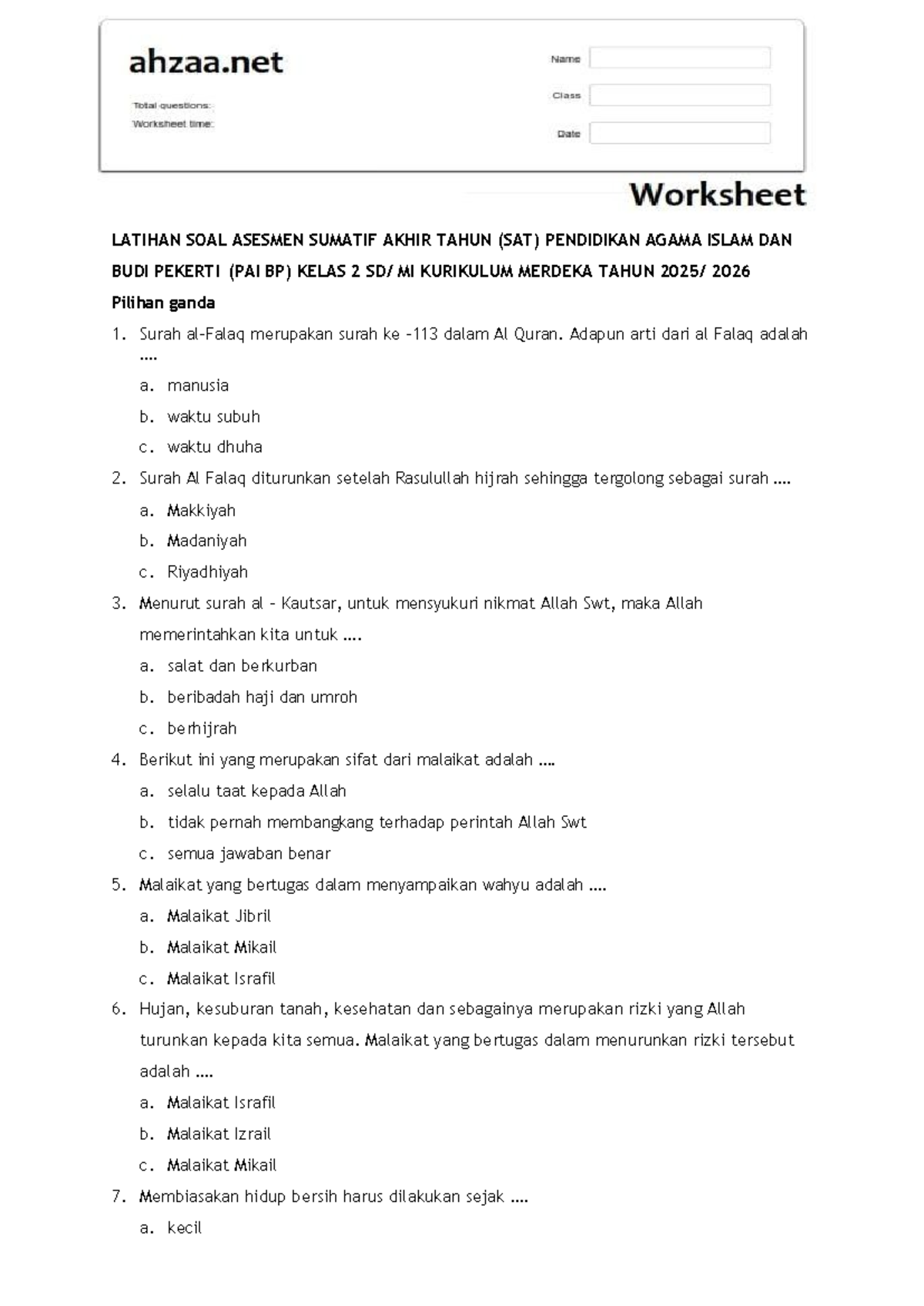 LATIHAN SOAL ASESMEN SUMATIF AKHIR TAHUN (SAT) PAI BP KELAS 2 MI - Studocu