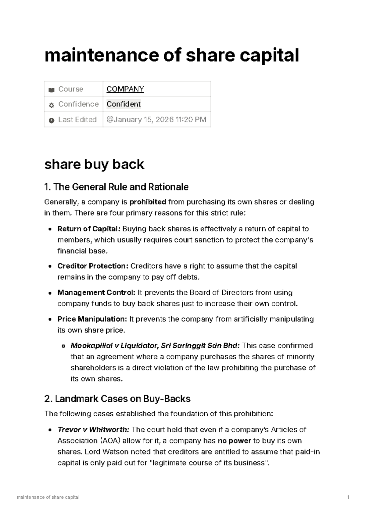 Maintenance of Share Capital: Key Concepts and Legal Framework (COMPANY ...