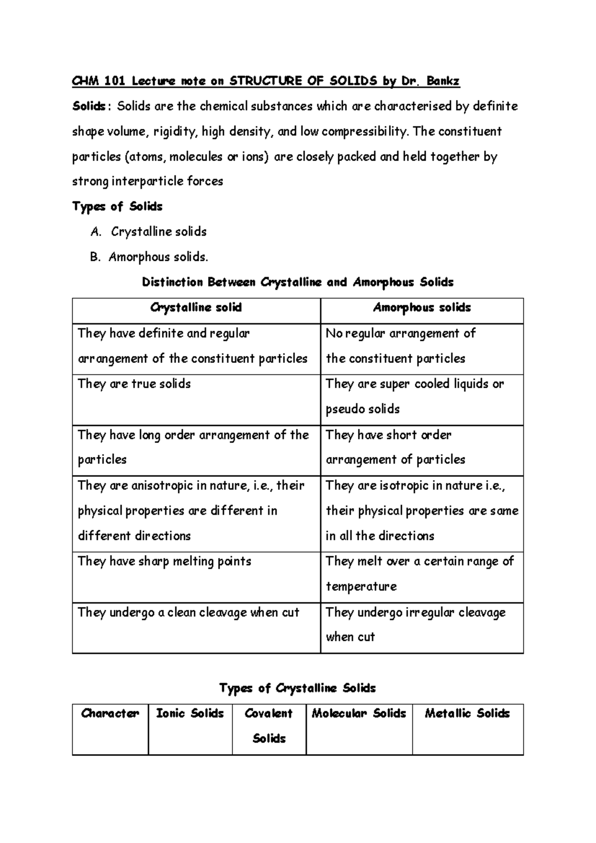 CHM 101 Lecture Notes on Structure of Solids and Lattice Types - Studocu