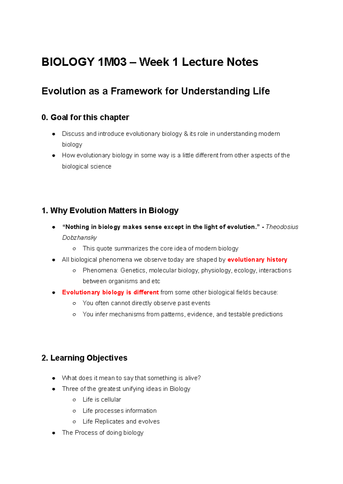 BIOLOGY 1M03 Week 1 Lecture Notes: Evolution and Life Understanding ...