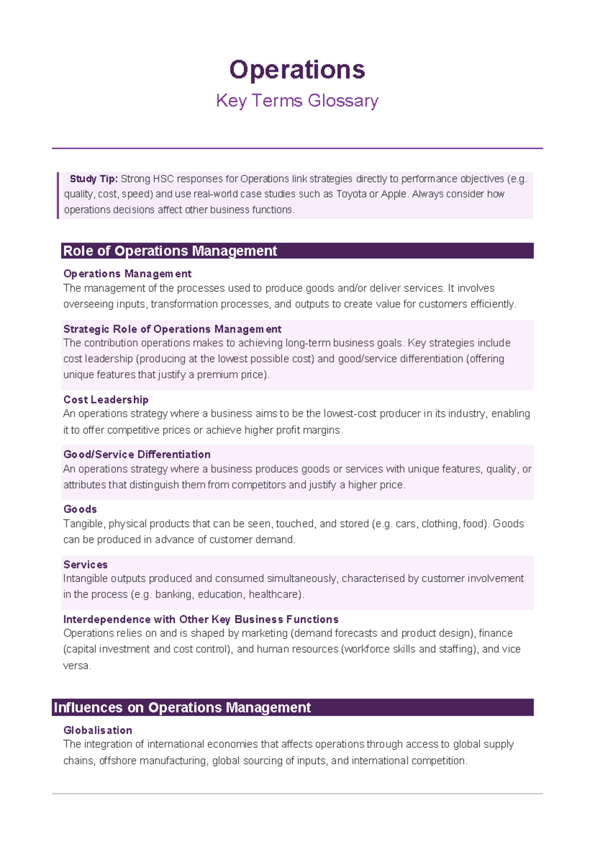 Operations Management Key Terms Glossary for HSC Students - Studocu