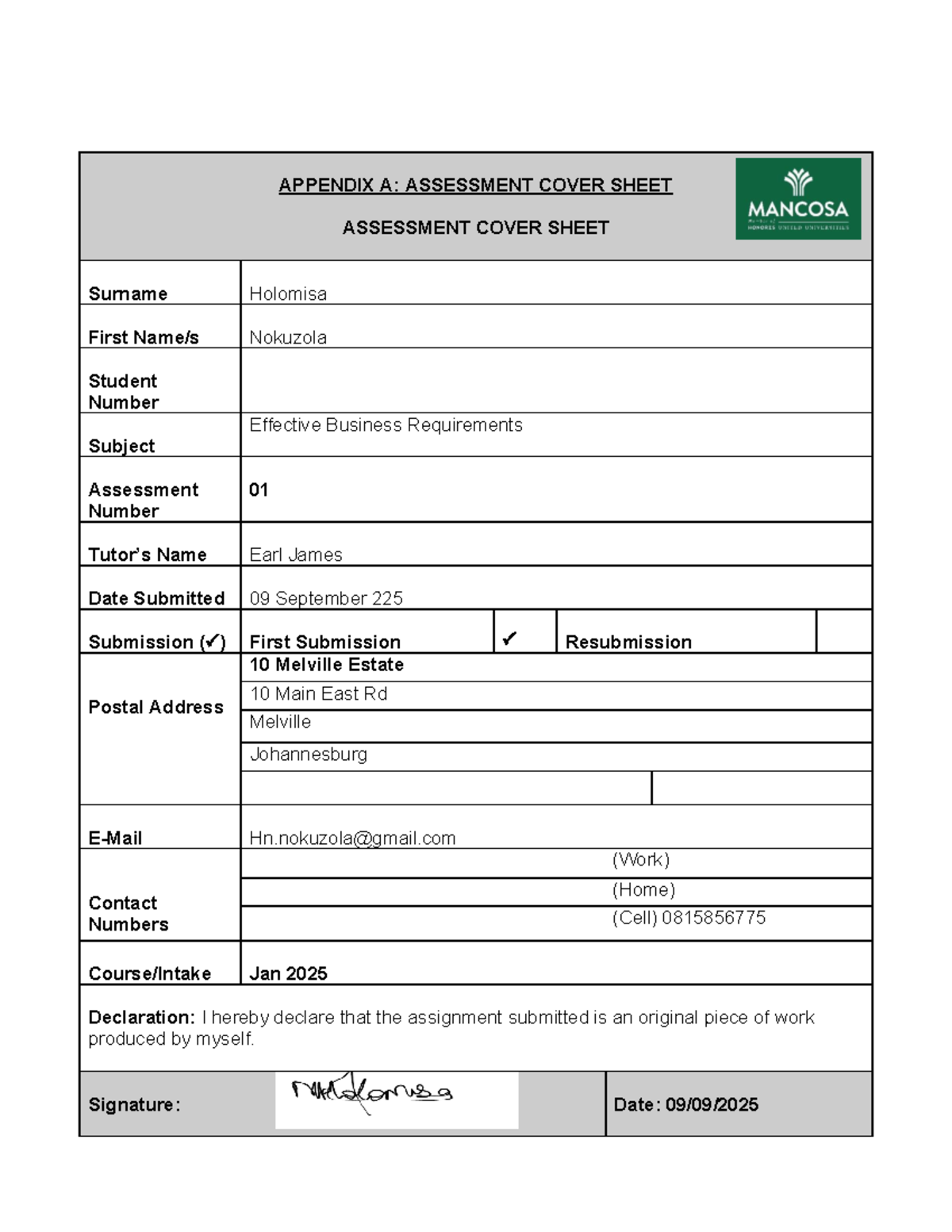 Effective Business Requirements: Assessment Cover Sheet (01) - Studocu