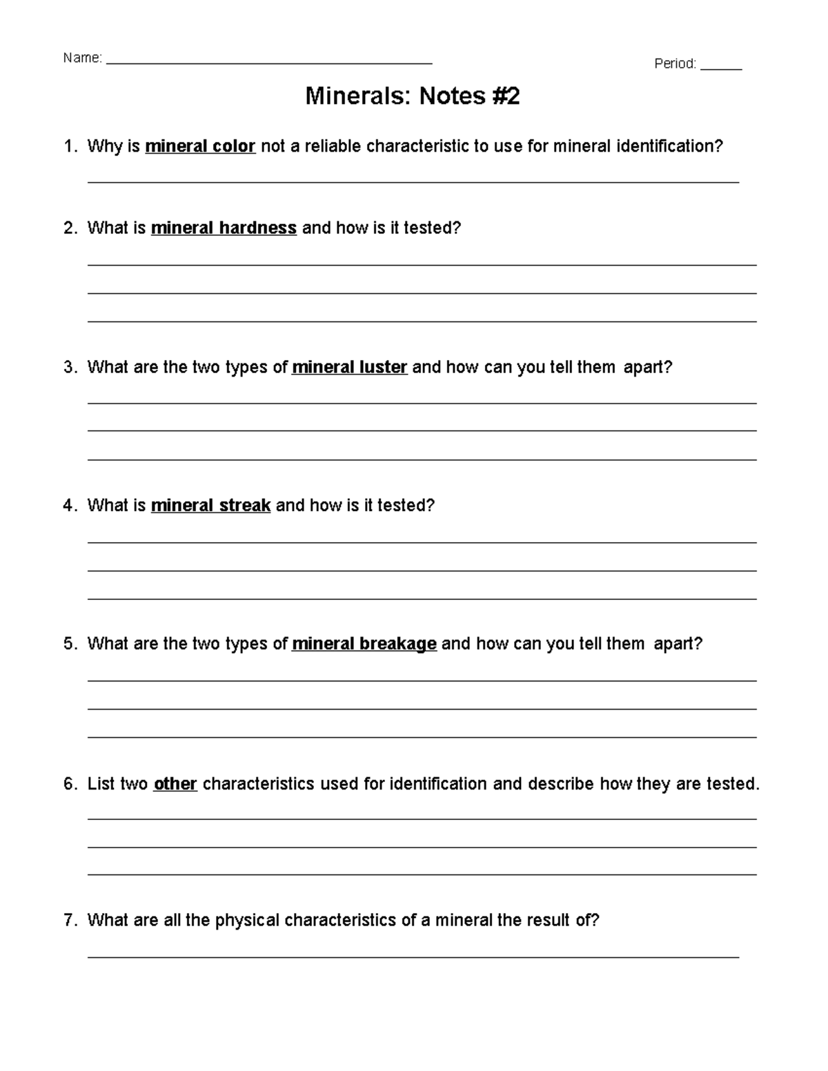 Mineral Identification Notes - Name: Minerals: Notes Period: 1. Why is ...