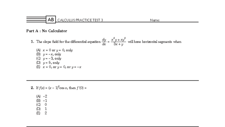 AB Calculus Practice Test 3 - No Calculator Section - Studocu