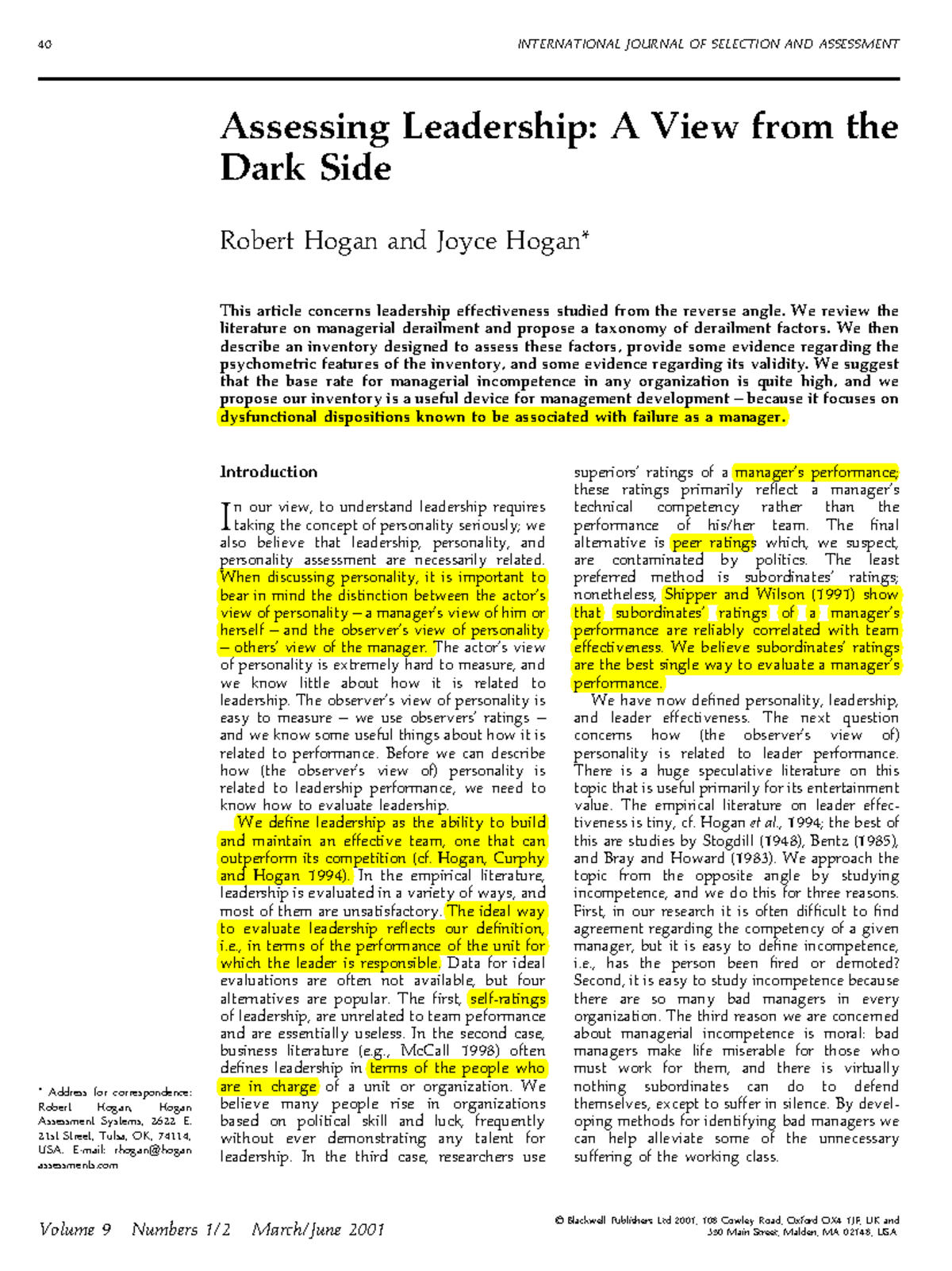 Hogan & Hogan (2001 ) - a theory - Assessing Leadership: A View from ...