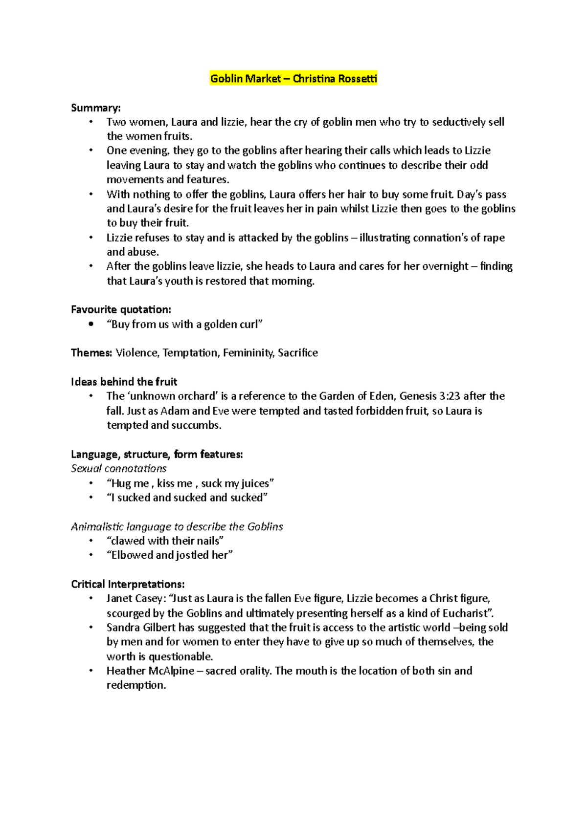 Goblin Market: Summary, Themes, and Analysis of Rossetti's Poem - Studocu