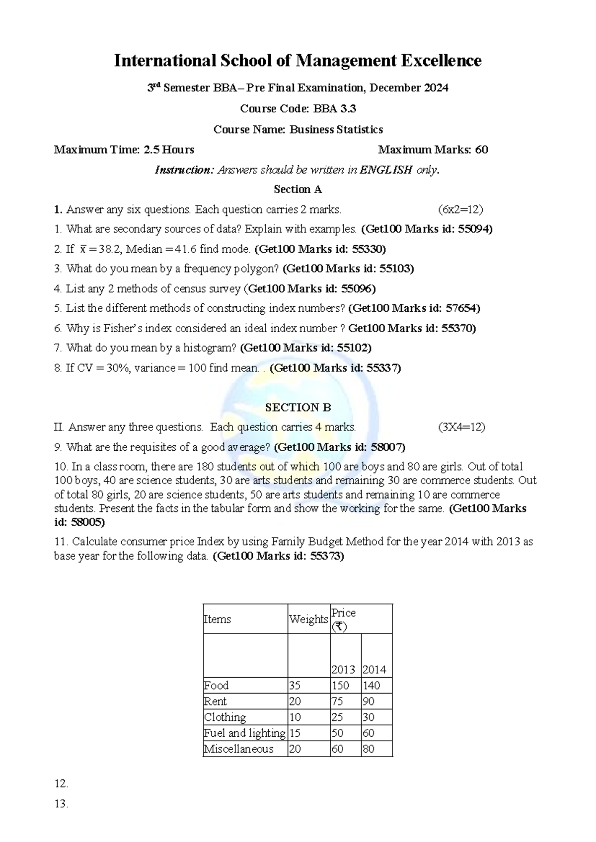 BBA 3 - Business Statistics Final Exam Sample Question Paper - Studocu