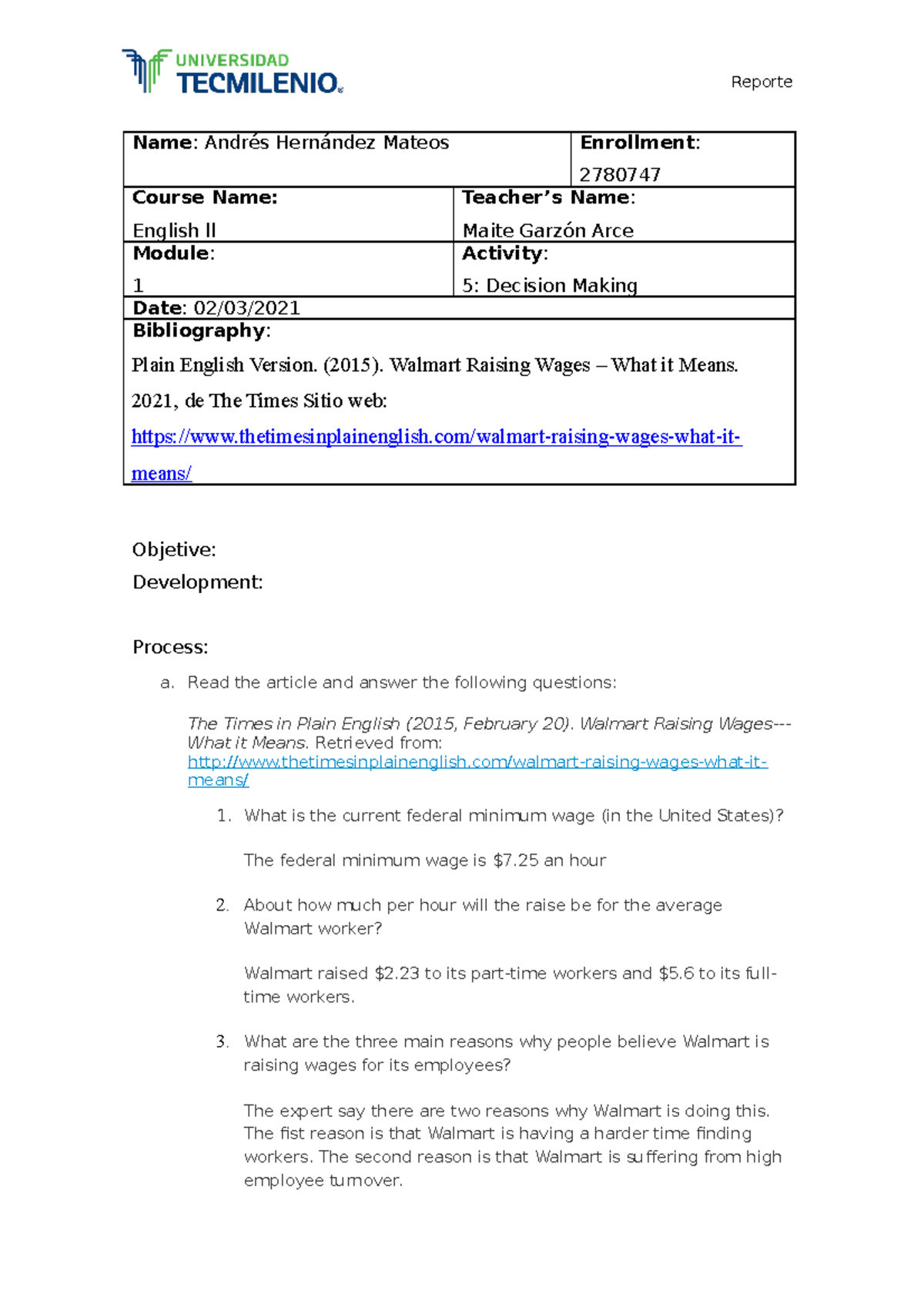 English ll Module 1 Activity 5: Decision Making Report - Studocu