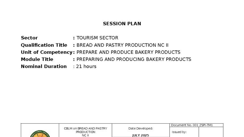BPP NC II Session Plan: Preparing & Producing Bakery Products - Studocu