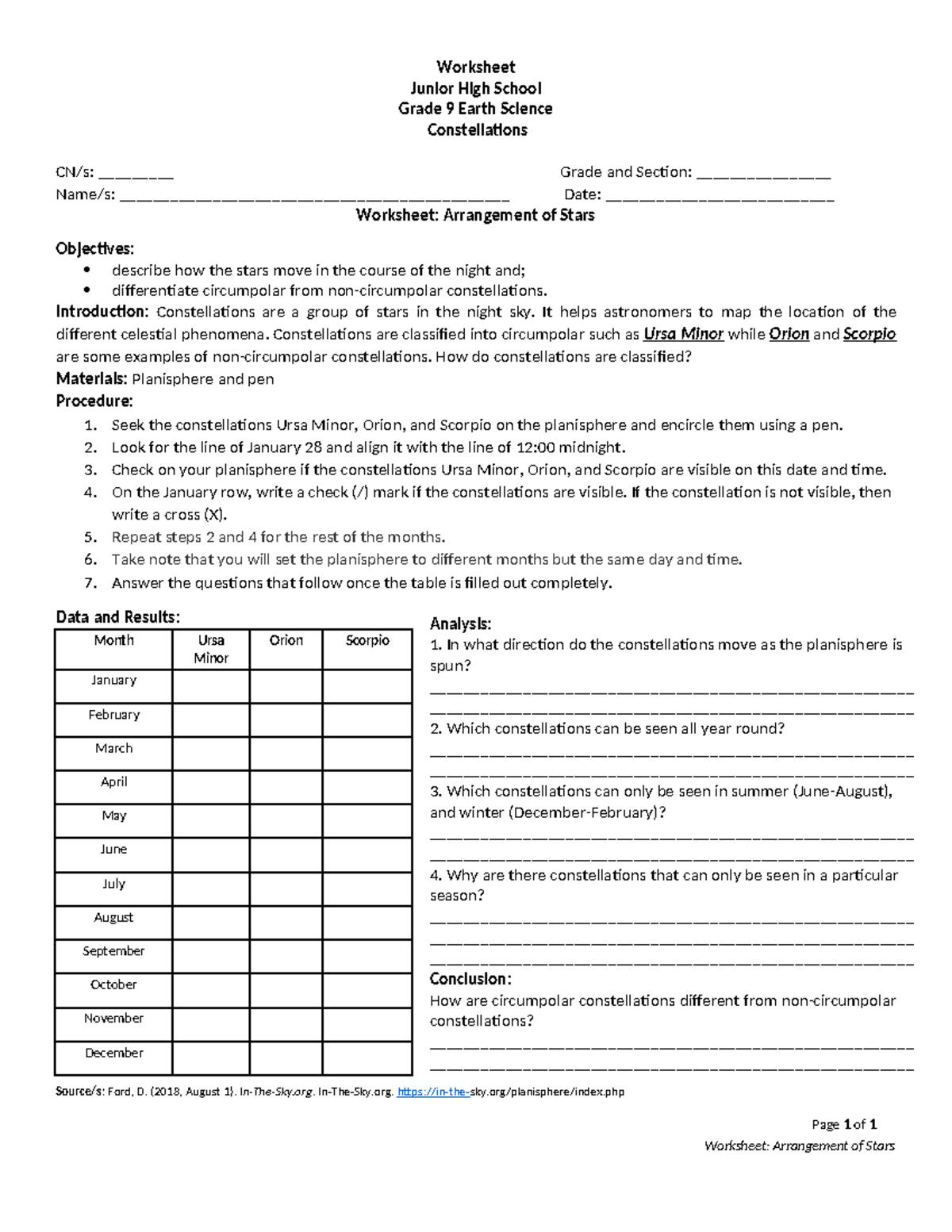 Worksheet: Arrangement of Stars for Grade 9 Earth Science - Studocu