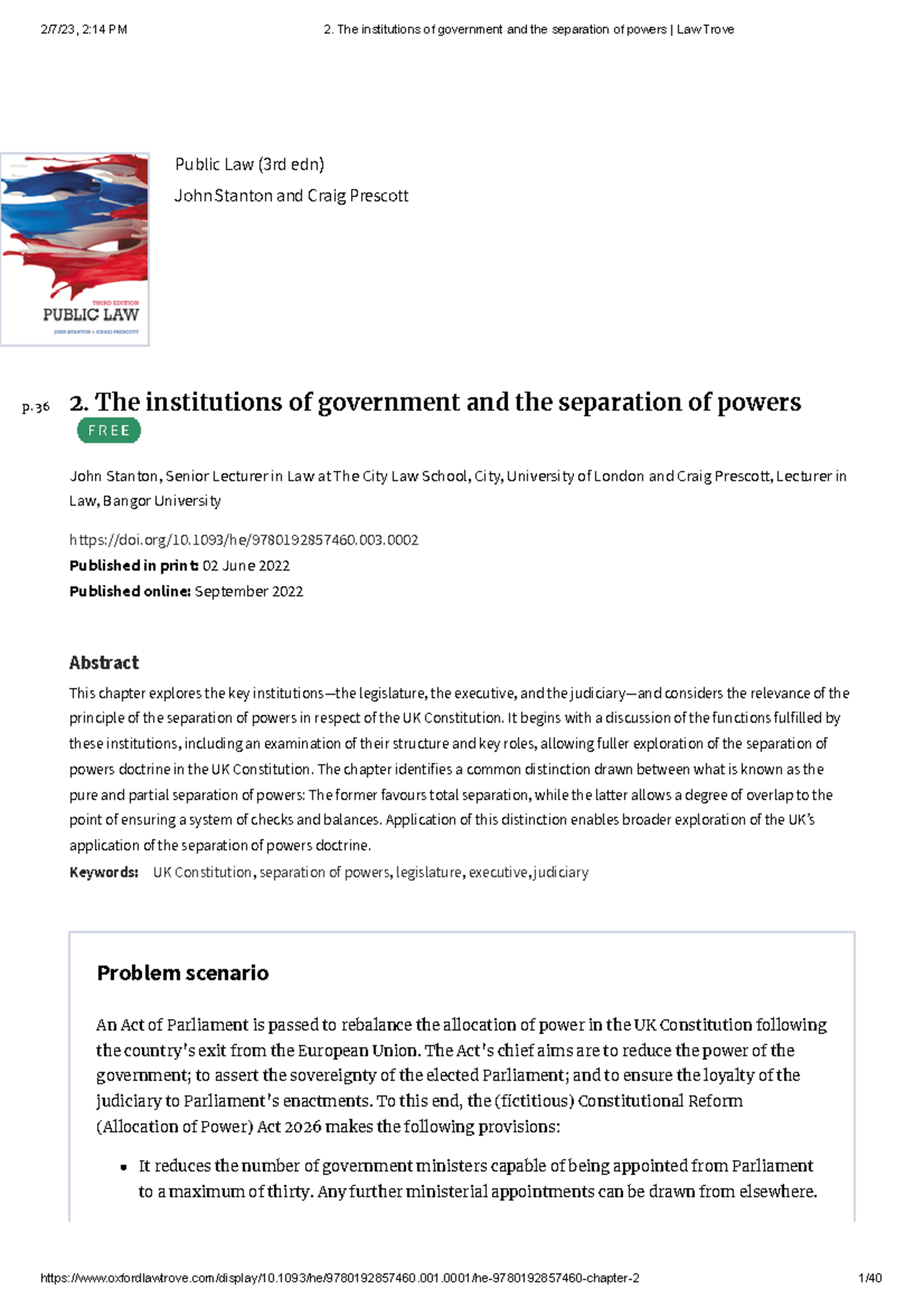 Public Law: The Institutions of Government & Separation of Powers - Studocu
