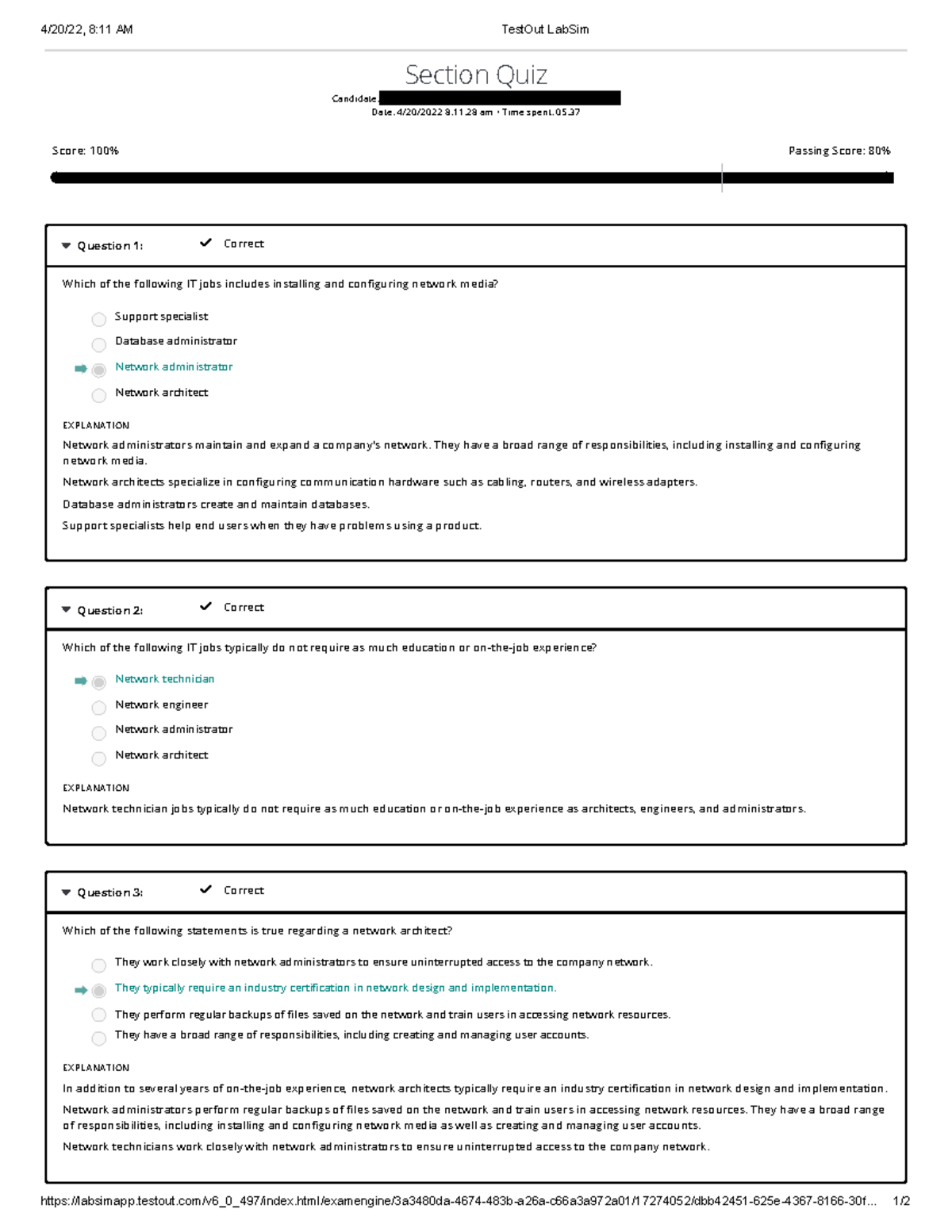 6.8.4 - Quiz Results Test Out Lab Sim - Week 2 Discusison - 4/20/22, 8 ...