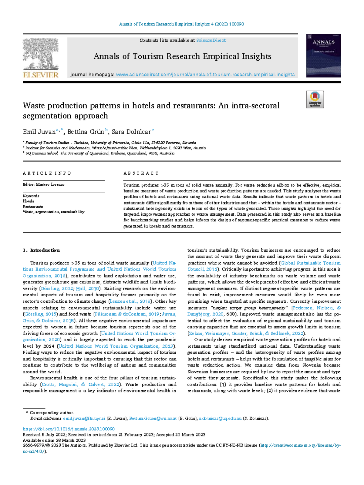 Waste Production Patterns in Hotels and Restaurants: A Segmentation ...