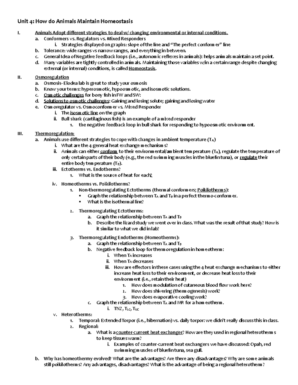 Unit 4: Homeostasis Strategies in Animals - Thermo & Osmoregulation ...
