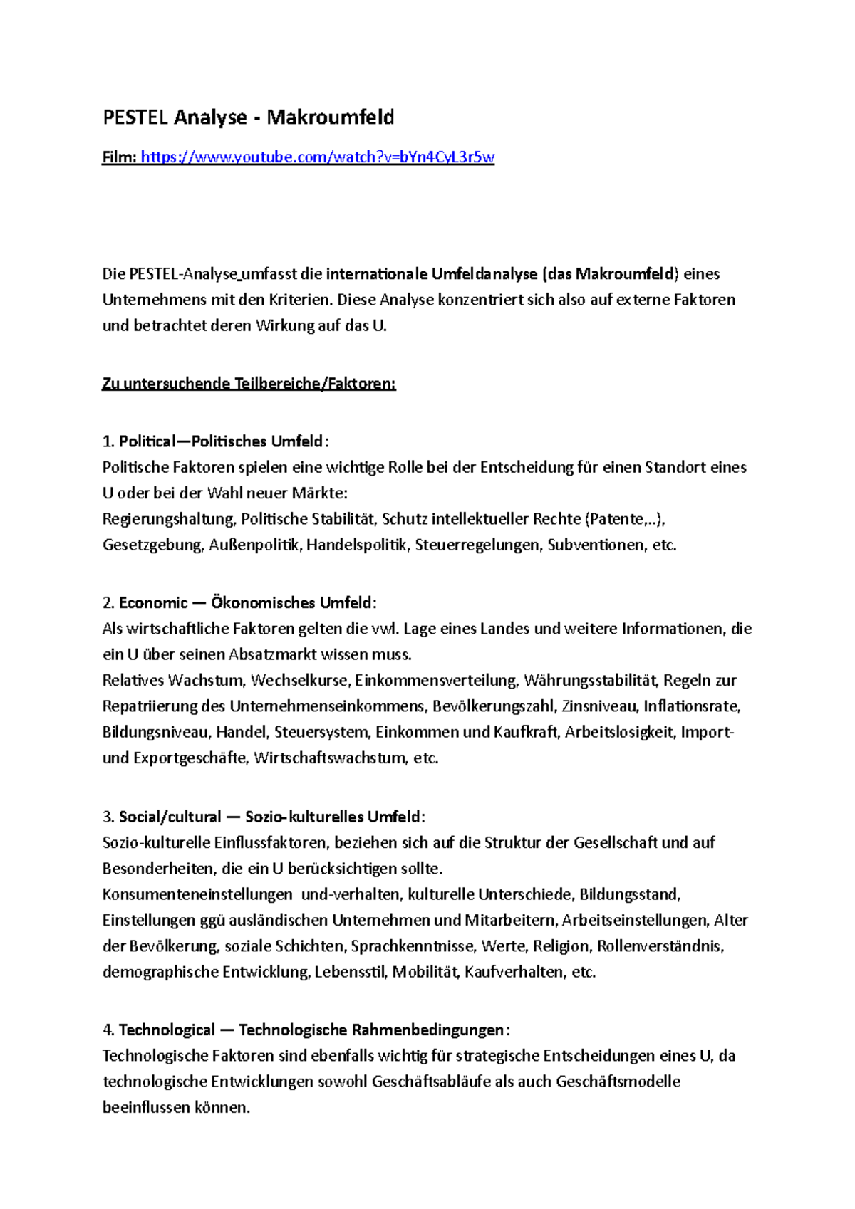 PESTEL Analyse im Makroumfeld - Externe Faktoren für Unternehmen - Studocu