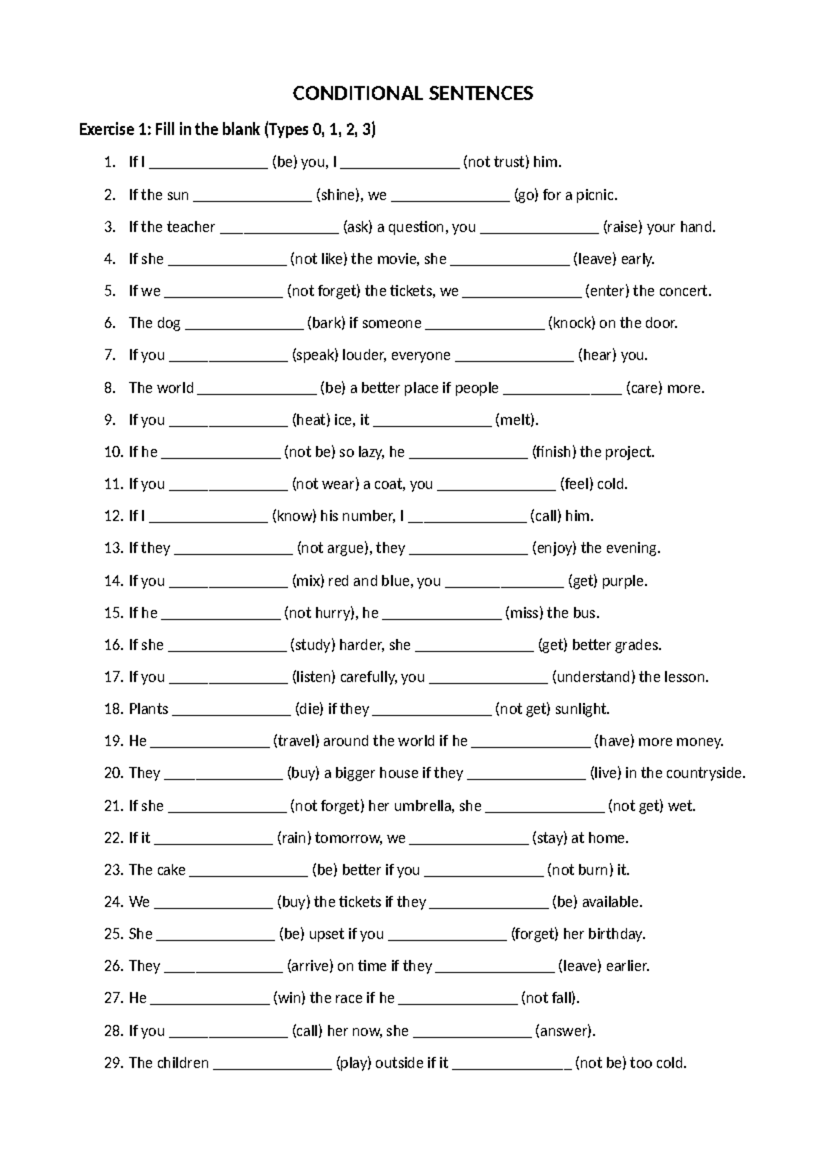 Conditional Sentences Exercise 2: Fill in the Blanks (Types 0, 1, 2, 3 ...