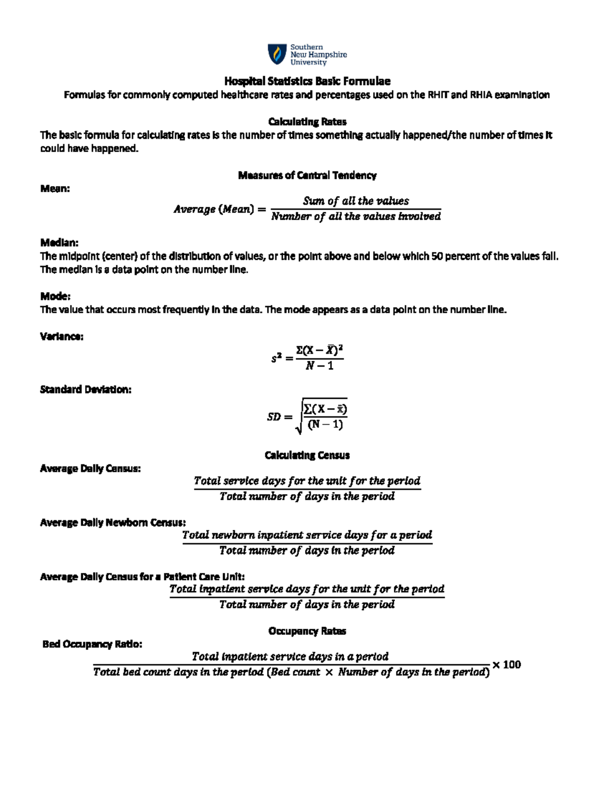 Hospital Statistics (HIM 101) Key Formulas & Calculations - Studocu